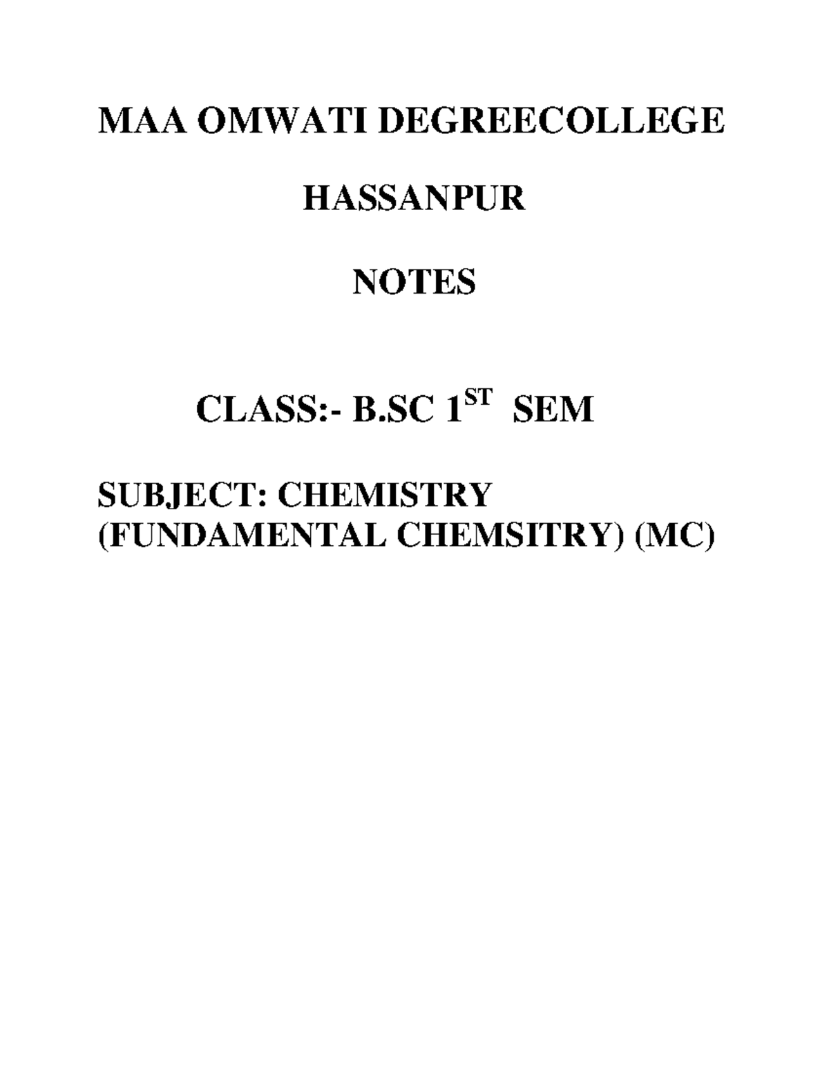 B.Sc 1st Sem Chemistry Notes: Fundamental Chemistry (MC) - Studocu