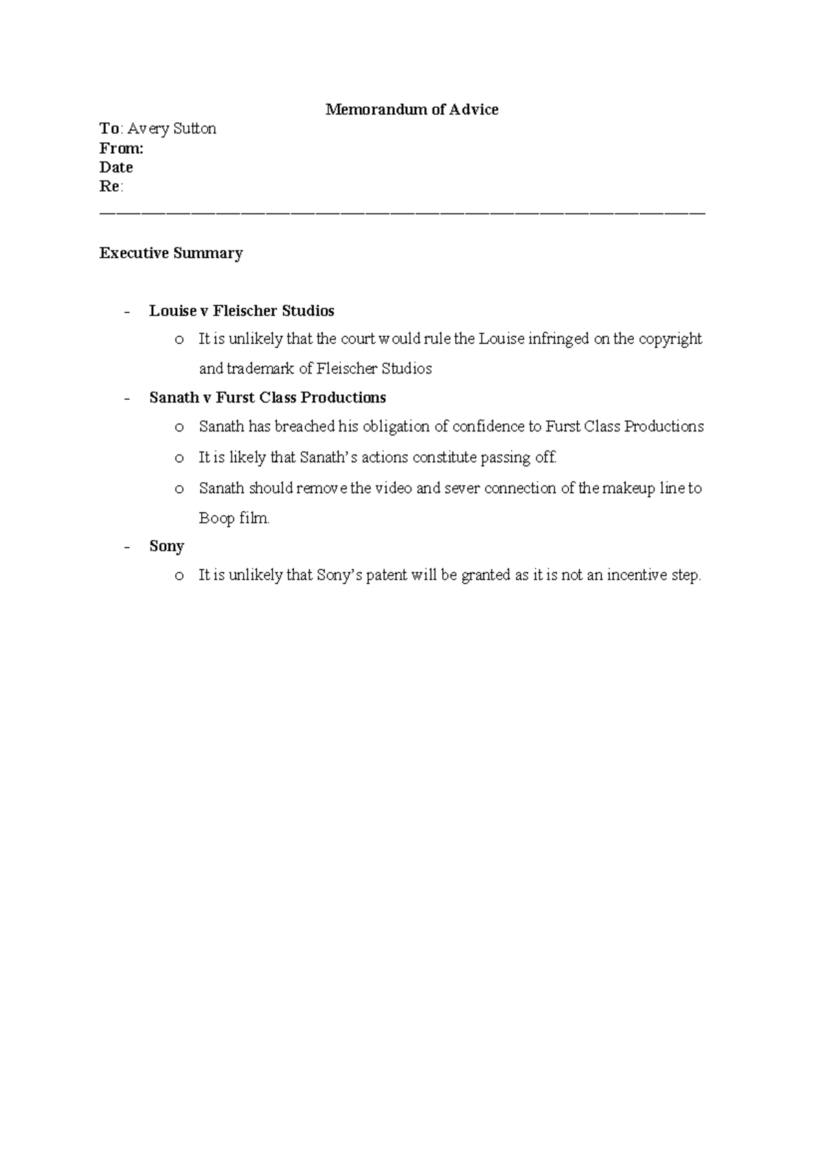 LLB344 Memorandum: Legal Analysis on Louise v Fleischer & Sanath v ...