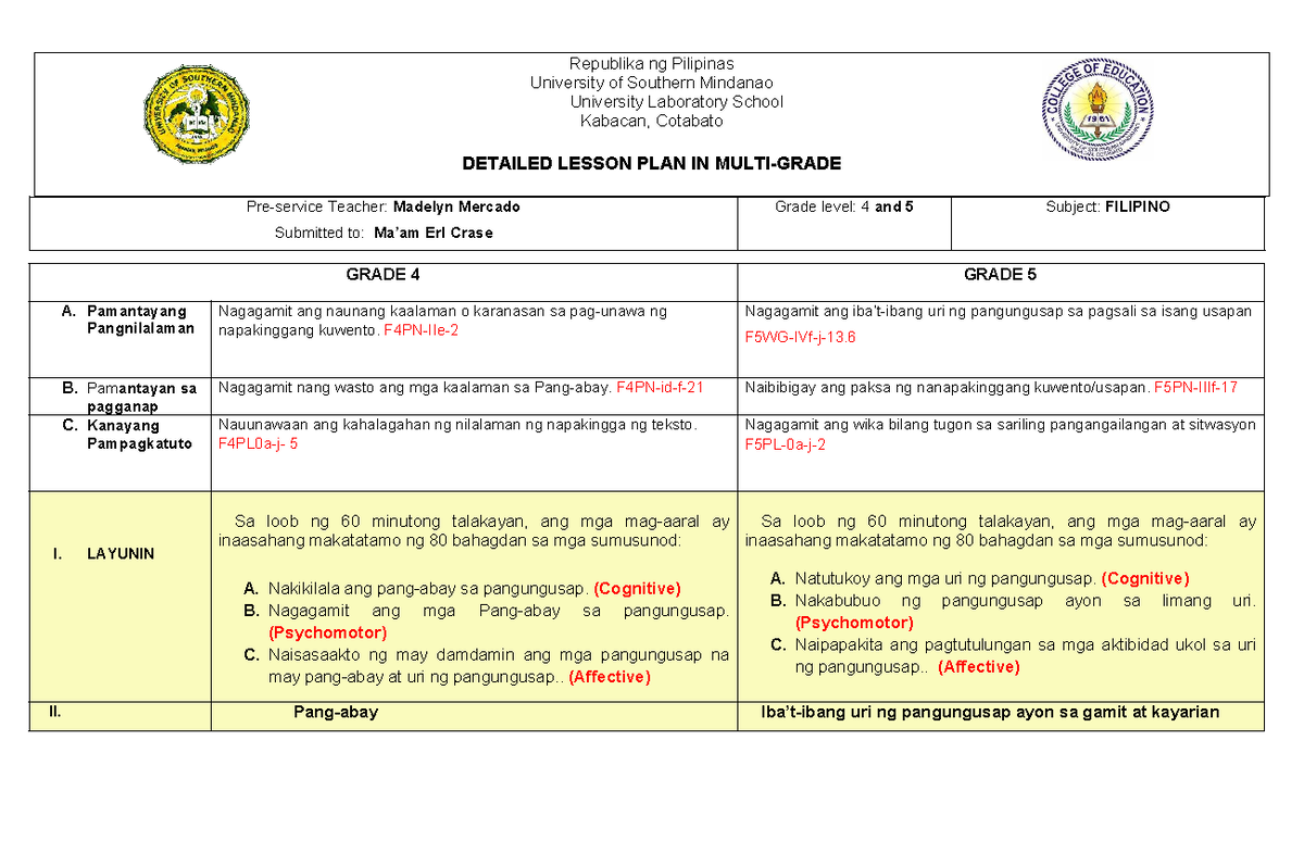 Detailed Lesson Plan in Filipino for Grades 4 and 5 (Multigrade) - Studocu