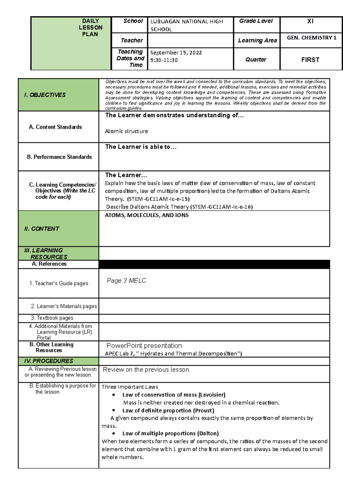 Chem 1 - Daily Lesson Plan on Atomic Structure Concepts - Studocu
