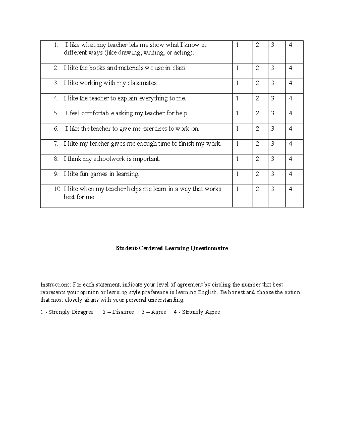 Survey Questionnaire - 1. I like when my teacher lets me show what I ...