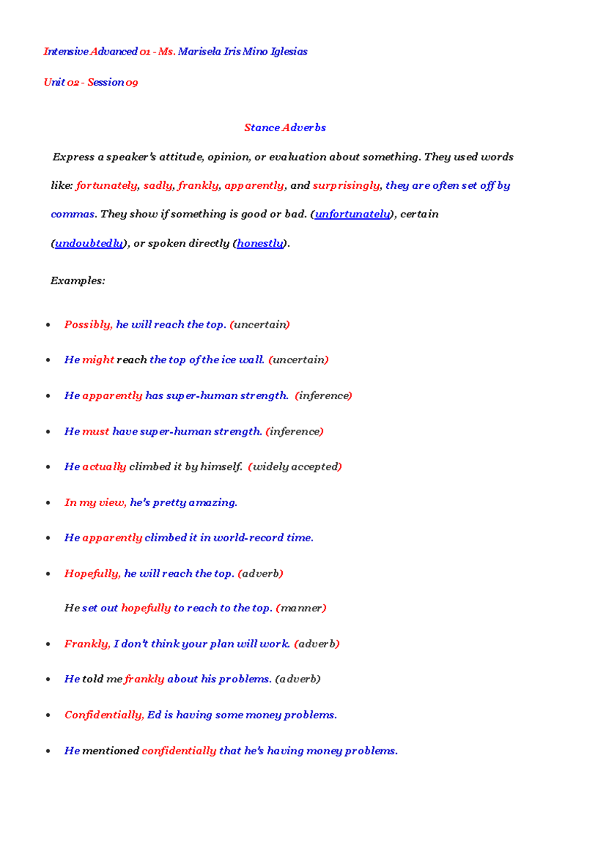 Intensive Advanced 01: Unit 02 - Session 09 Stance Adverbs Explained ...