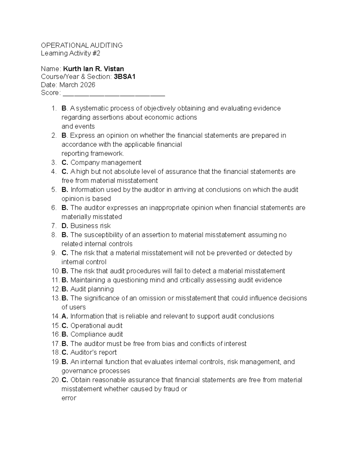OPERATIONAL AUDITING Activity - Op Aud Act2 (3BSA1) - Studocu