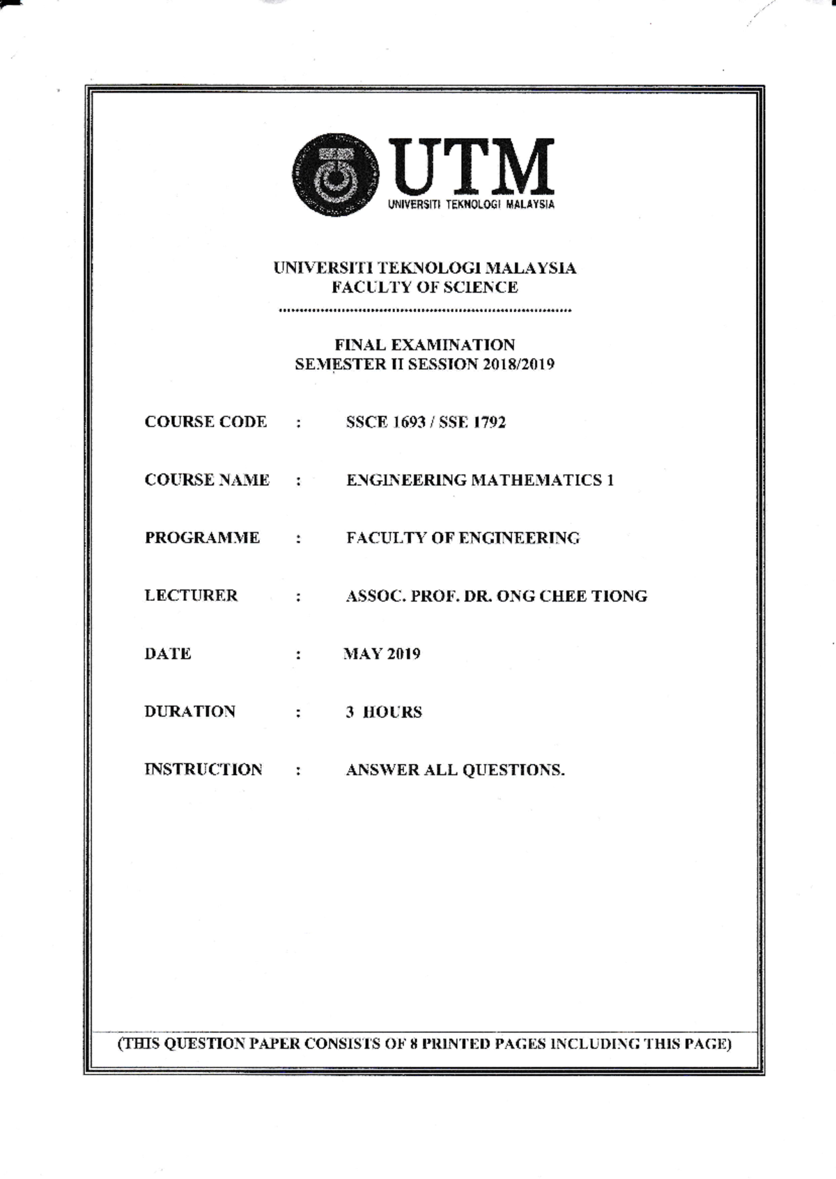 Exam, questions and answers - ####### - ####### /,. @HIM UNIVERSITI ...