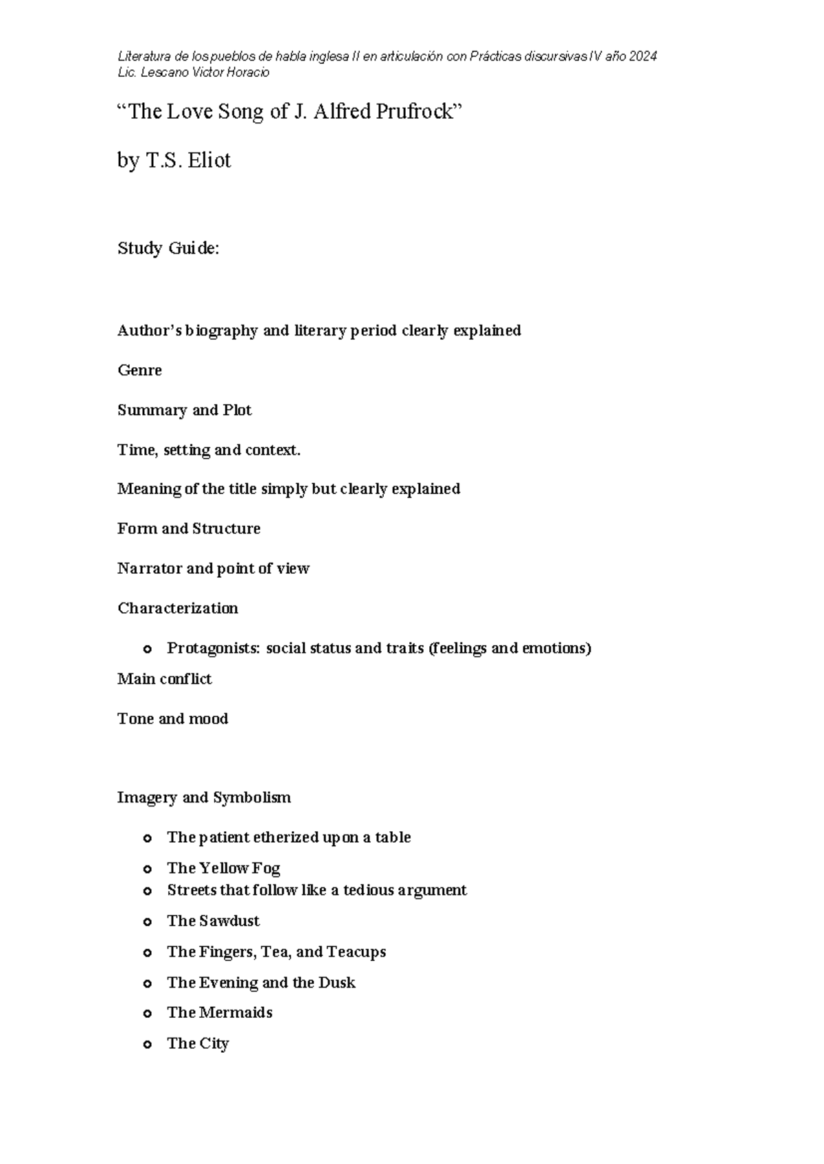 Study guide - The Love Song of J. Alfred Prufrock by T.S. Eliot 2024 ...