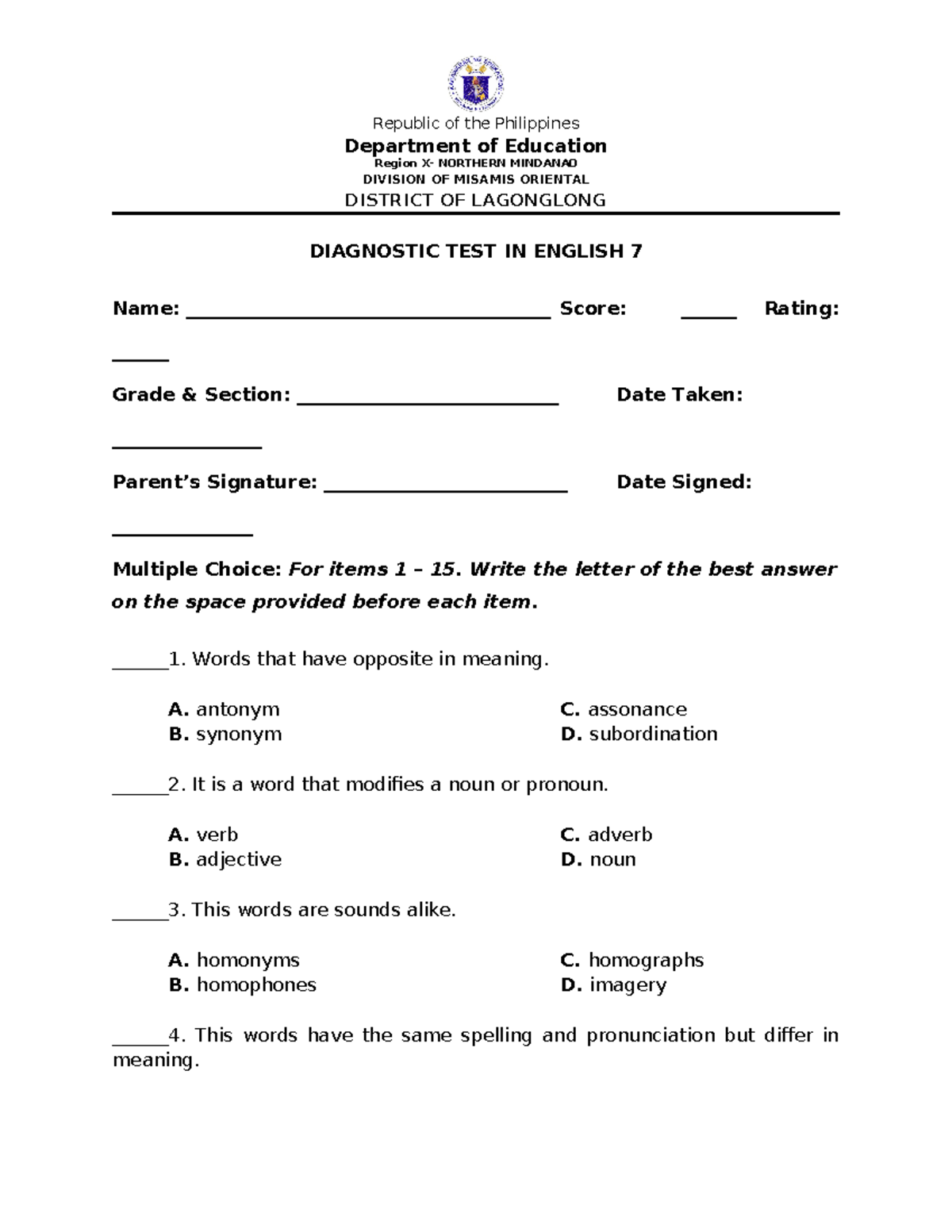 Diagnostic Test Grade 7 - Republic of the Philippines Department of ...