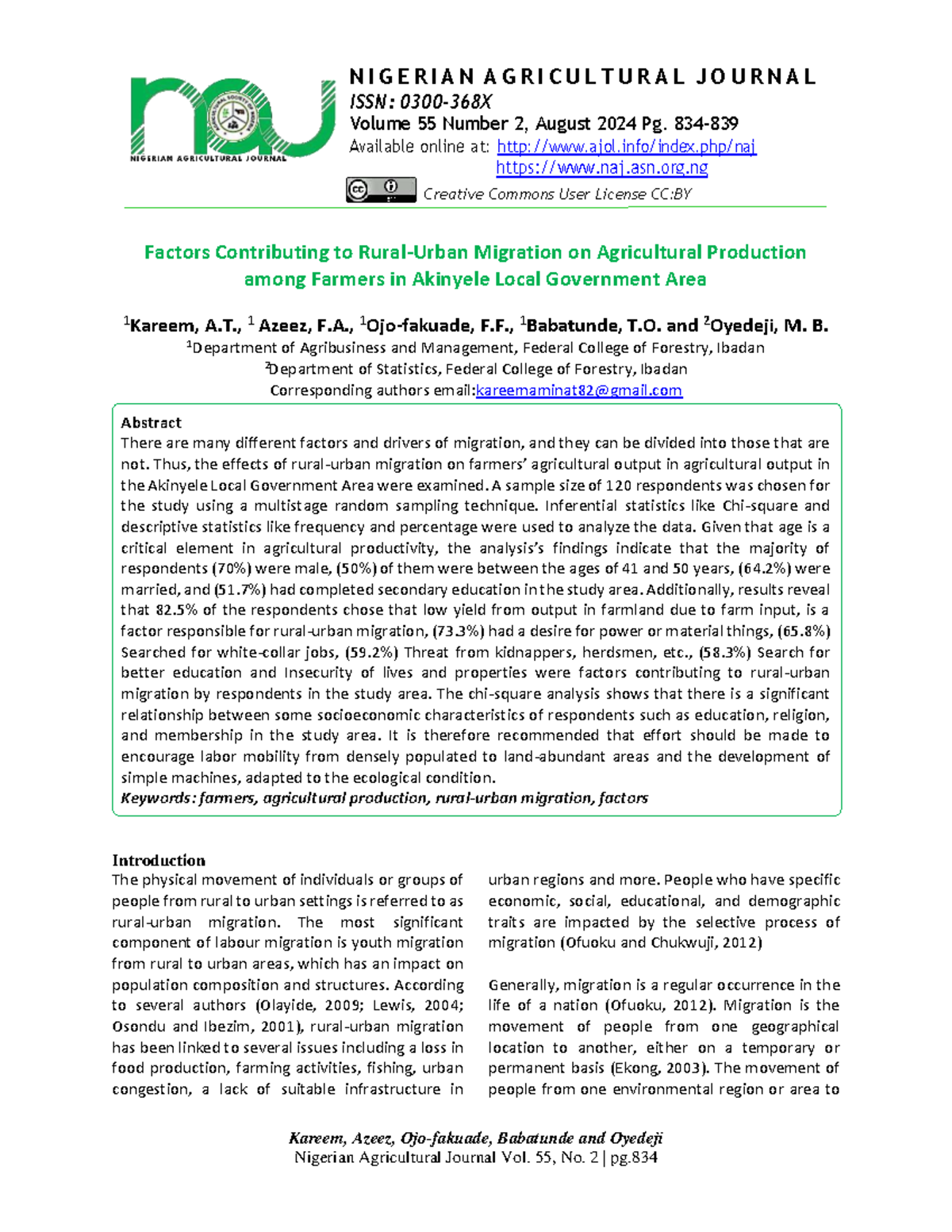 Factors Influencing Migration and Agricultural Production in Akinyele ...