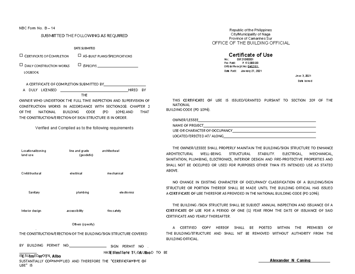 Certificate of Use - NBC Form No. B-14 (2021 Issuance) - Studocu