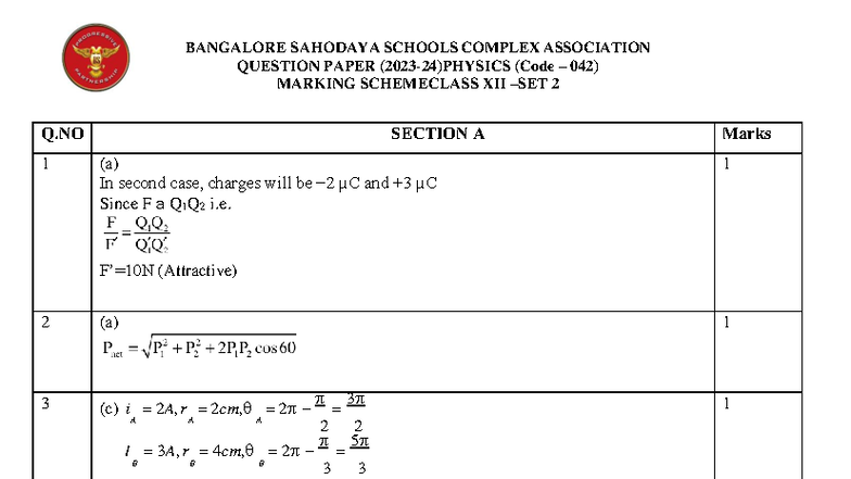 BANGALORE SAHODAYA SCHOOLS COMPLEX PHYSICS SET B (Code 042) ANSWER KEY ...