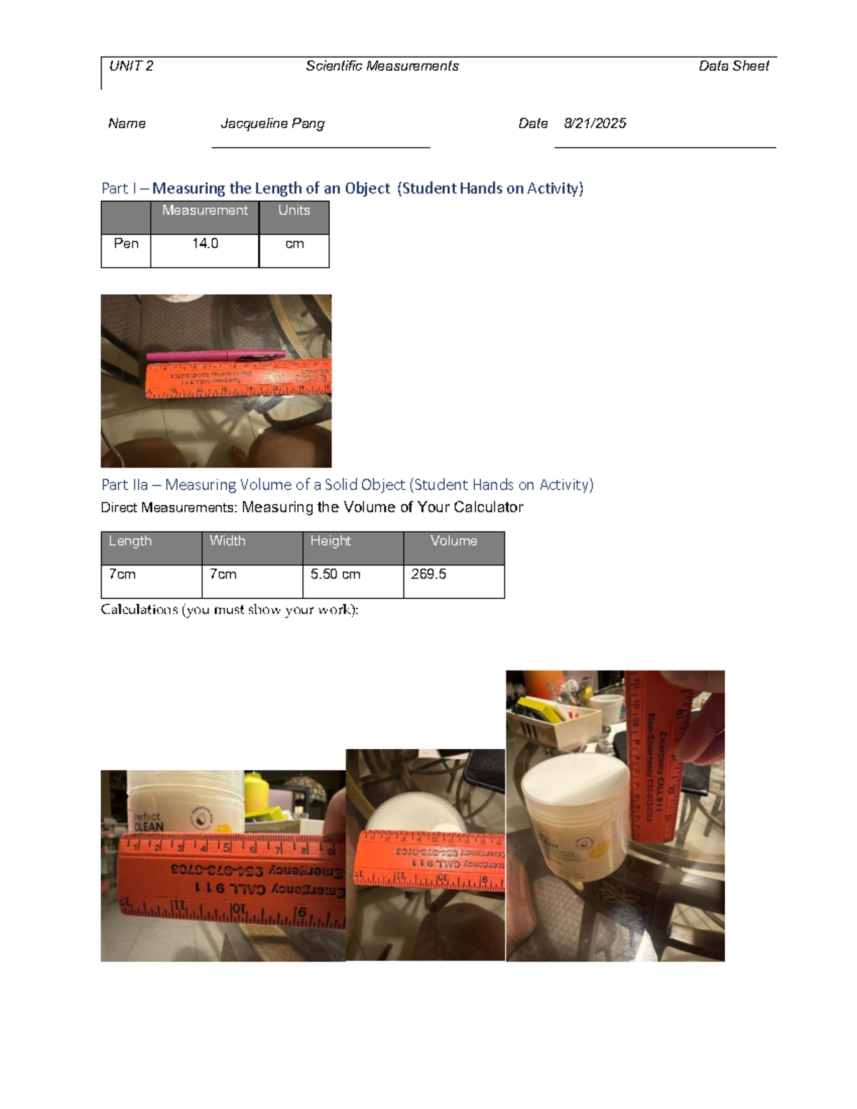 UNIT 2 Scientific Measurements Data Sheet: Hands-on Activities ...