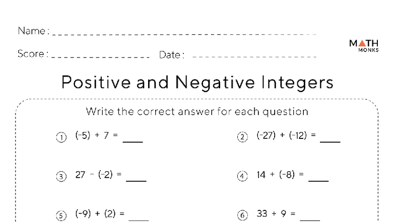 MATH MONKS: Positive and Negative Integers Review 1 - Studocu