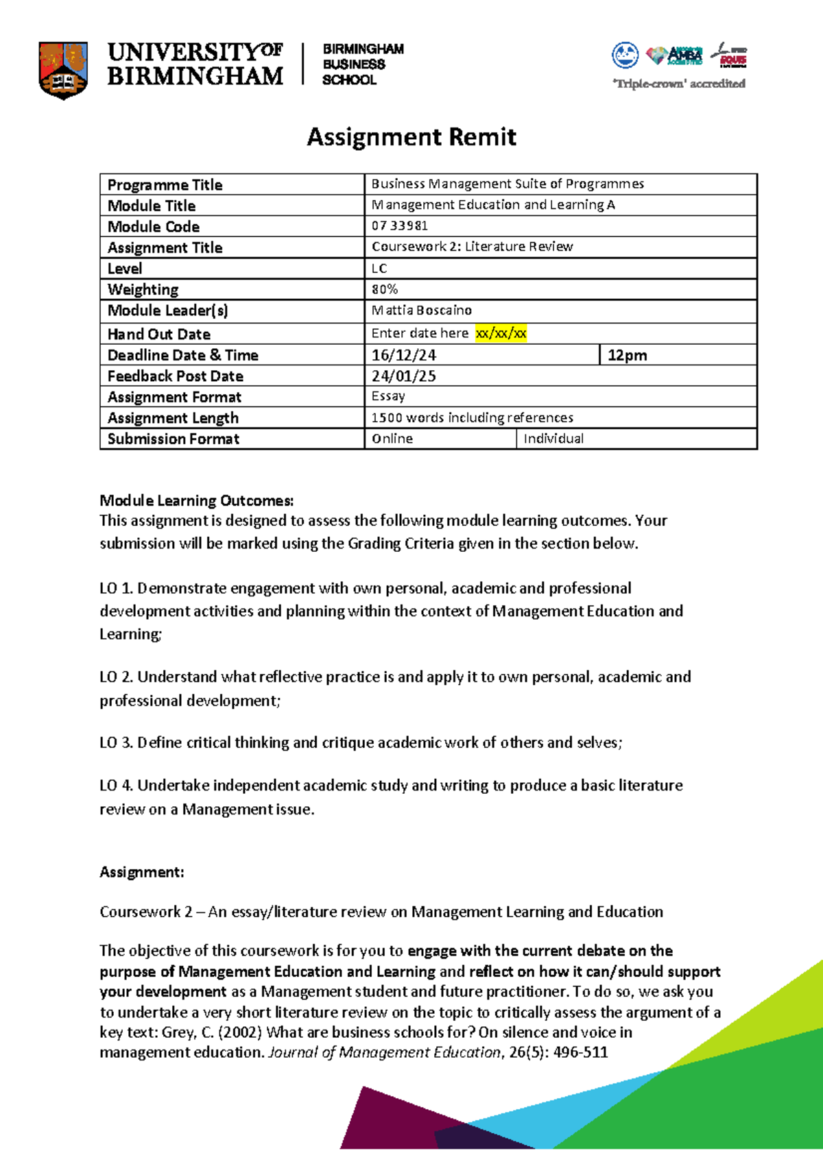 33981 CW2+Assignment Remit 24-25 - Assignment Remit Programme Title ...