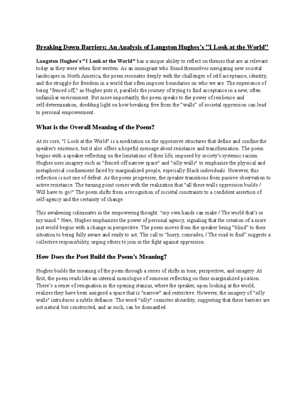 Poem - its a good poem - Breaking Down Barriers: An Analysis of ...