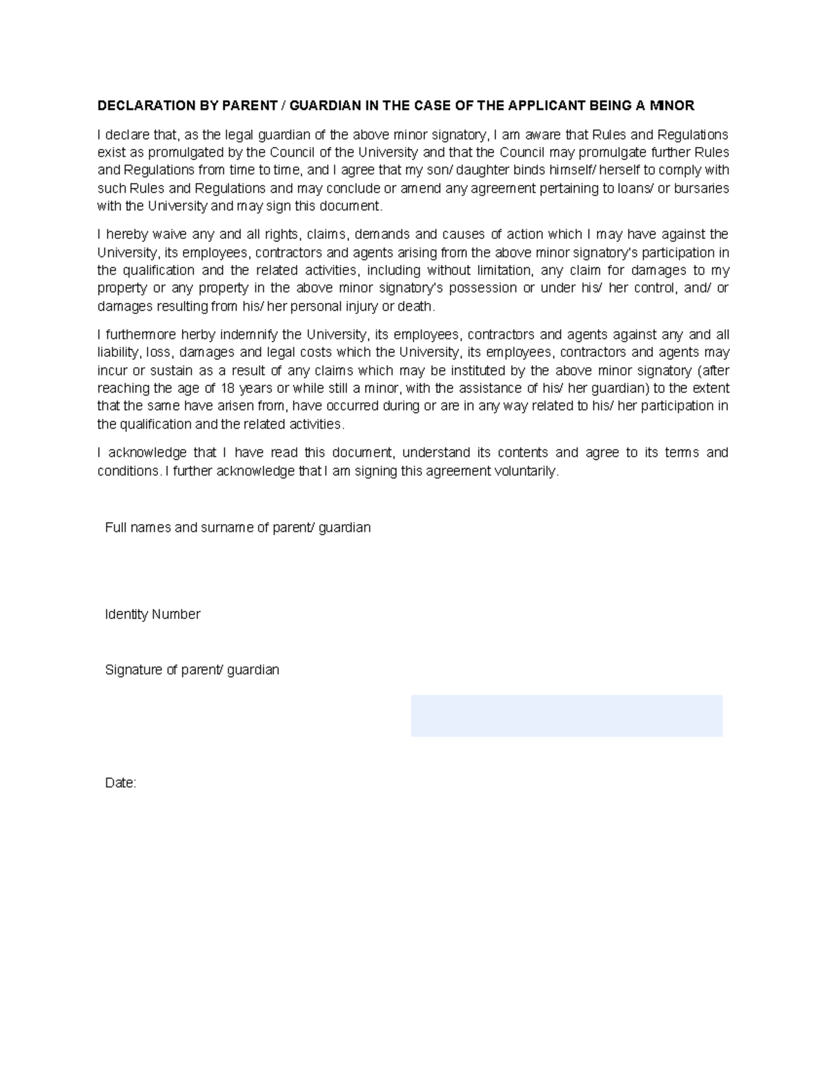 Parent/Guardian Declaration Form for Minor Applicant - Studocu