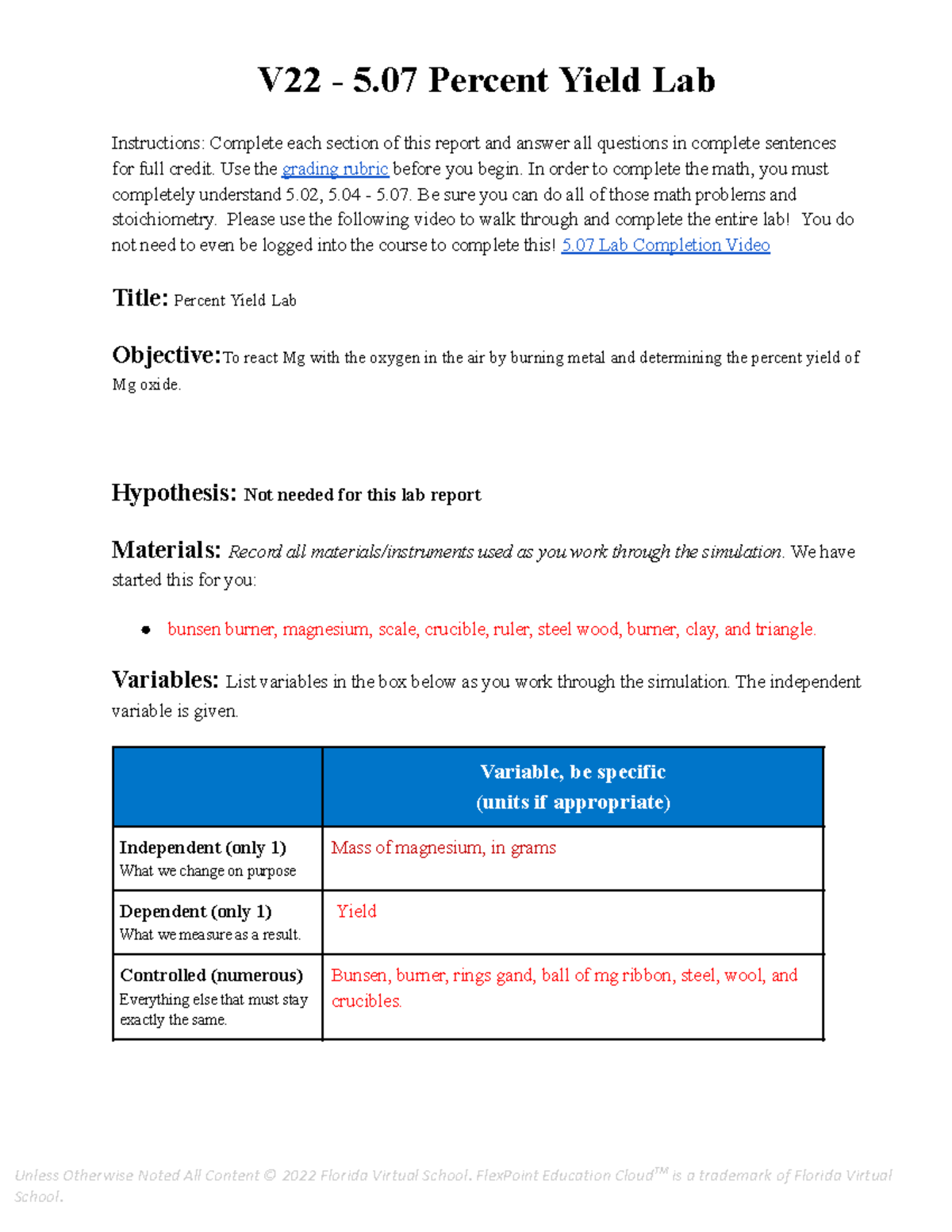 5.07 Percent Yield Lab Report: Instructions and Data Analysis Guide ...