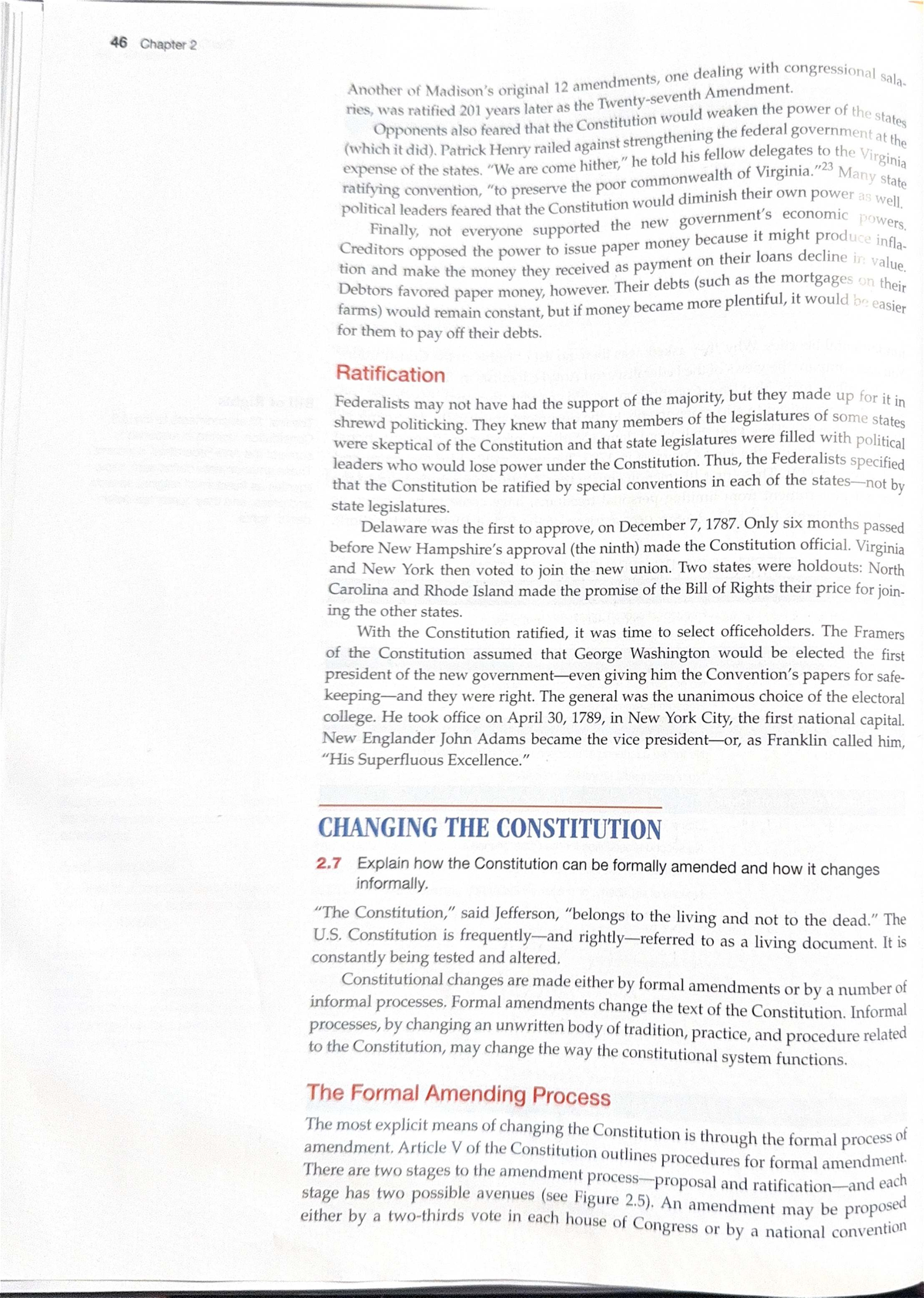 46 POLS 201 Chapter 2: The Ratification of the Constitution and Its ...