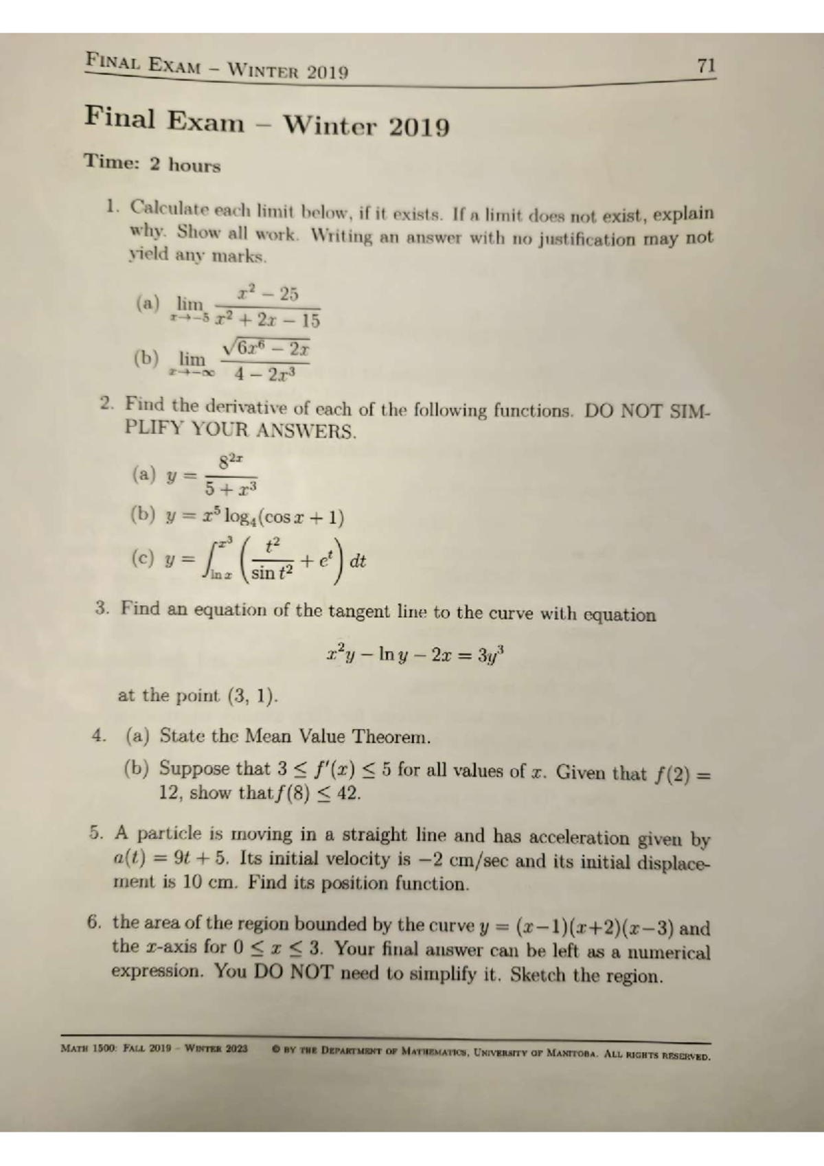 FINAL EXAM SOLUTIONS MATH 1500: WINTER 2019 - Studocu
