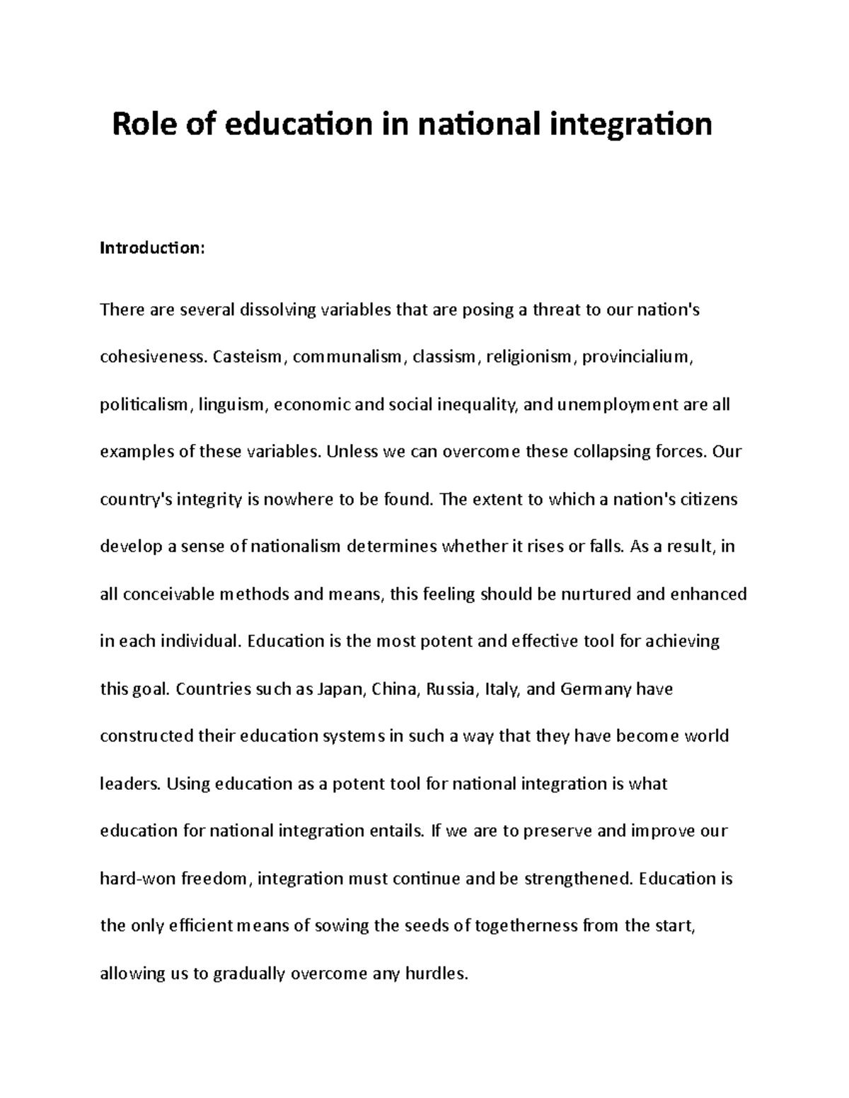 The Role of Education in National Integration and Cohesiveness - Studocu