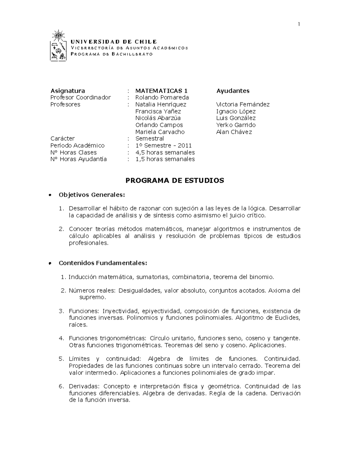 Programa de Matemáticas 1 - Universidad de Chile (1er Semestre 2011 ...
