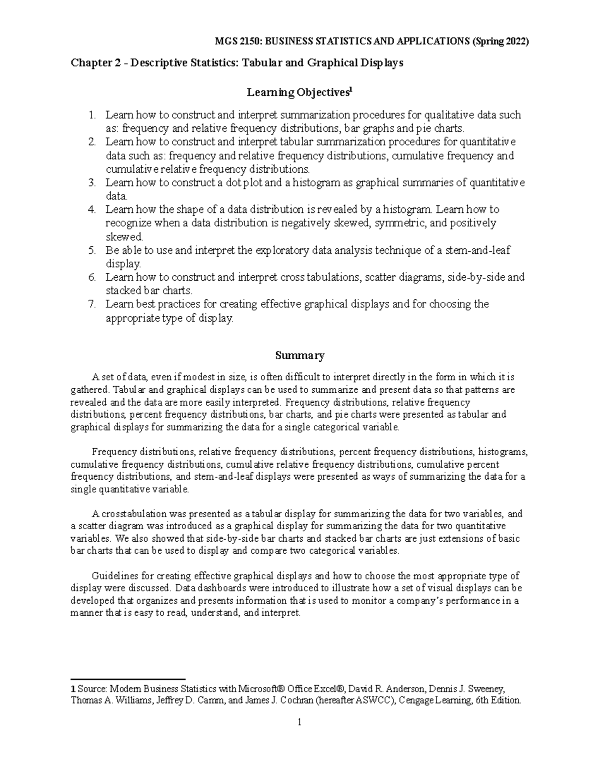 Chapter 2 Summary and Sample Questions: Descriptive Statistics (STATS ...