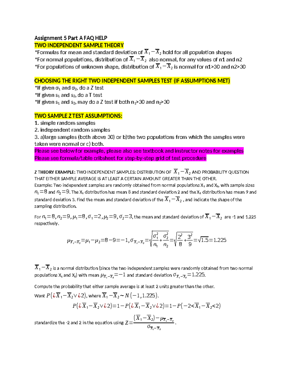 Help Assignment 5 Part A: Two Independent Samples Theory and Tests ...