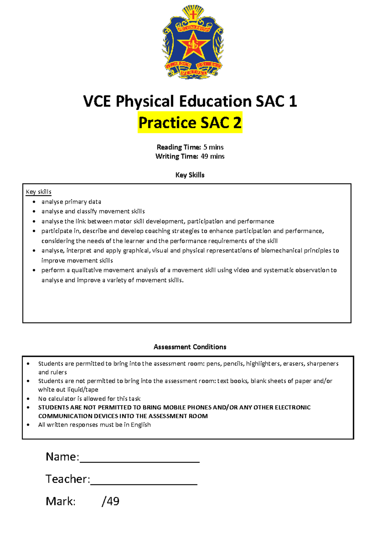 VCE PE SAC 1 & 2 Practice Exam: Key Skills & Assessment Guide - Studocu