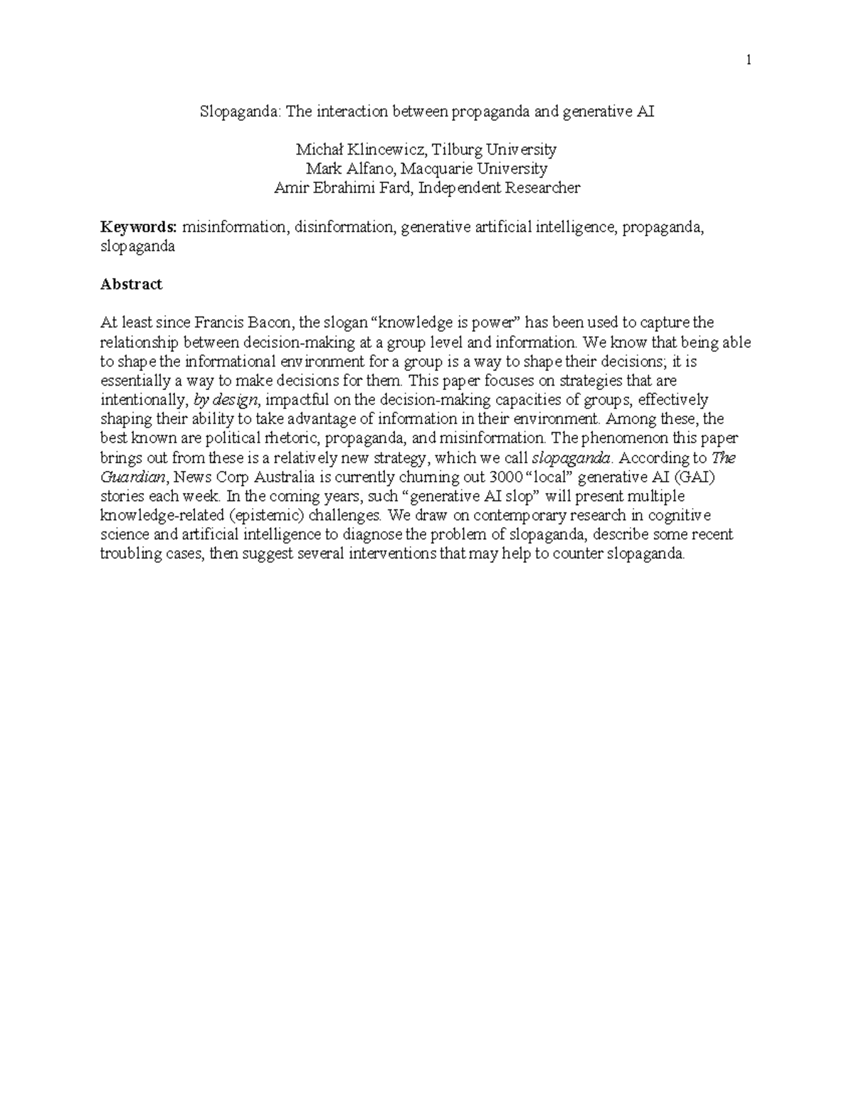 2503 - Slopaganda: The Impact of Propaganda and Generative AI - Studocu
