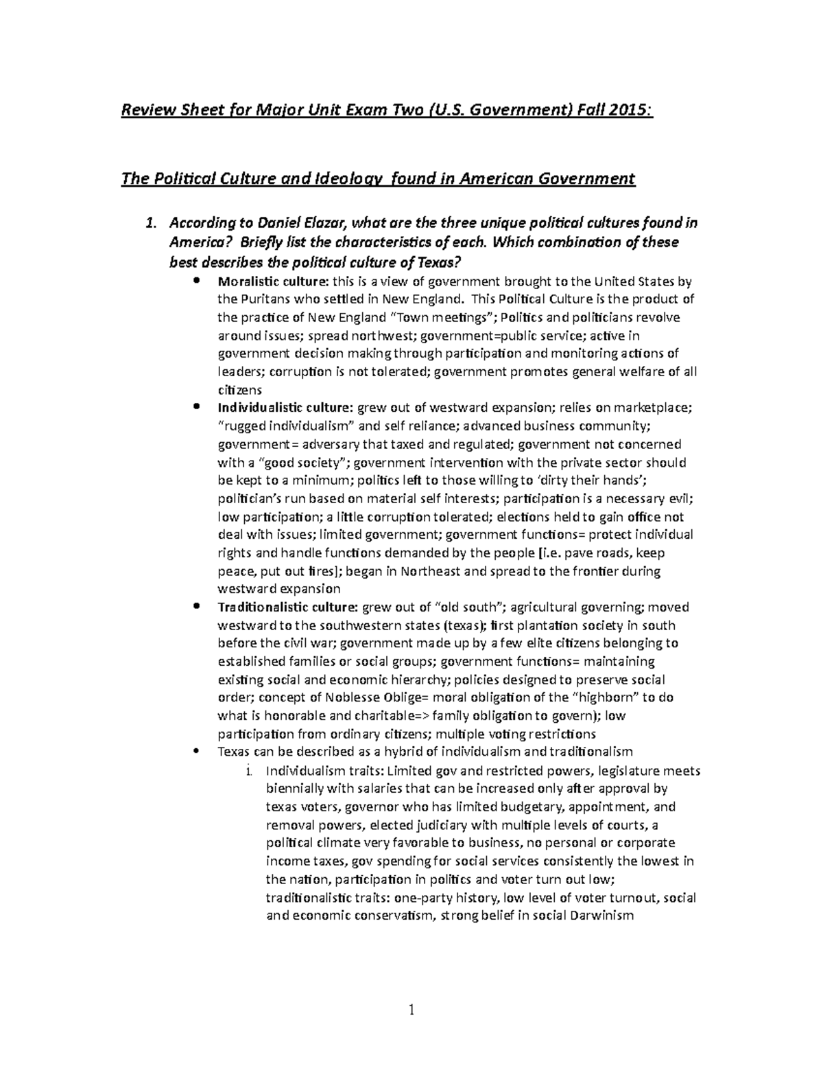 Unit Two Review Sheet - U. Government Lecture Notes on Political ...