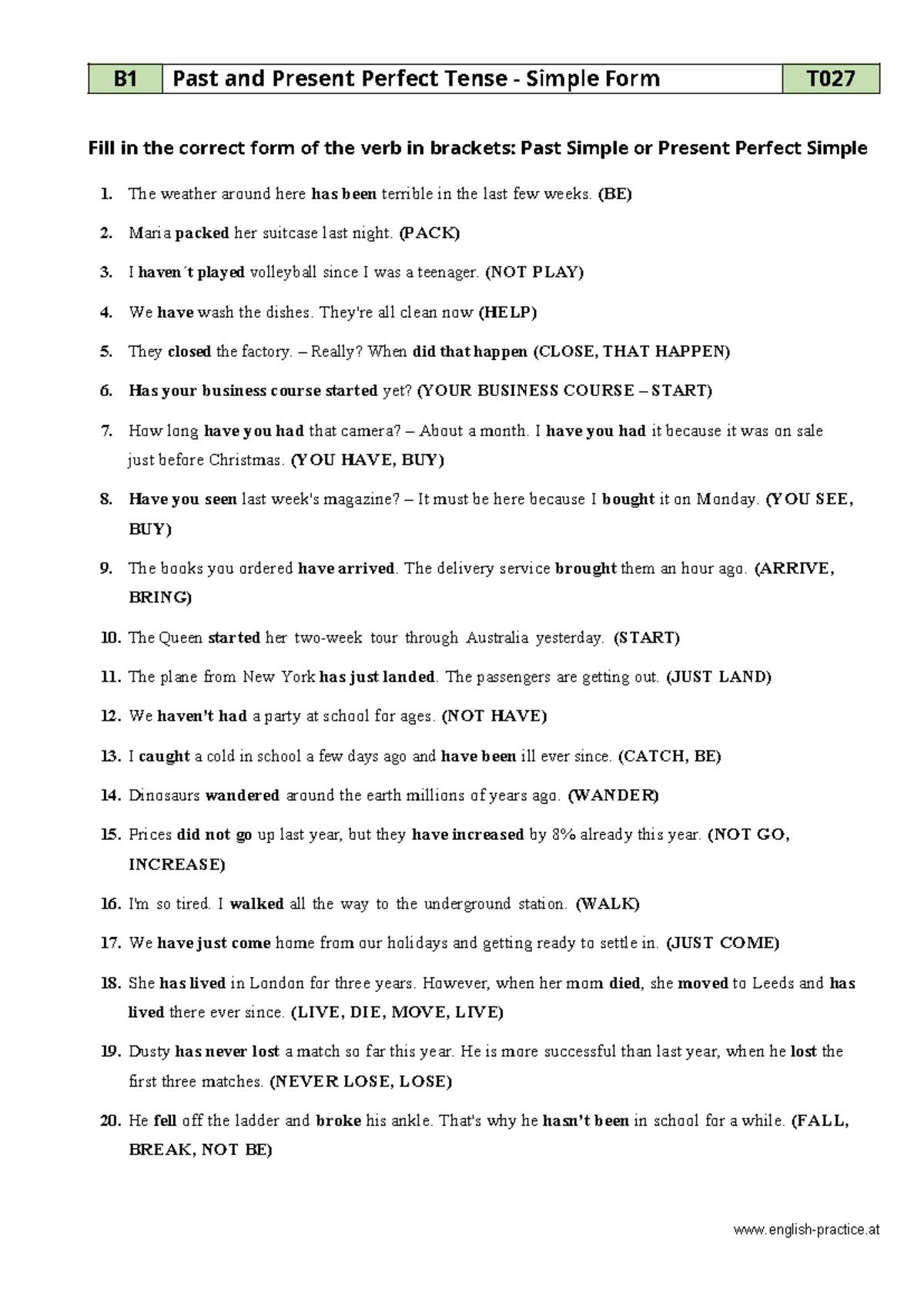 B1 Grammar Worksheet: Past vs Present Perfect Tense - T027 - Studocu