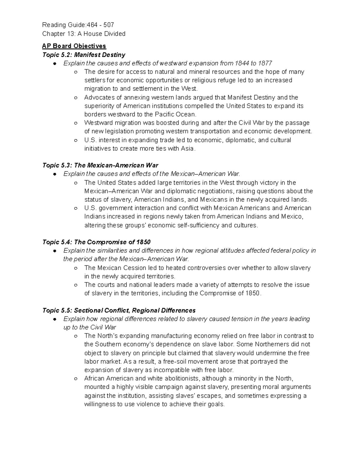 APUSH 5B Reading Guide: Chapter 13 - A House Divided (Pages 464-507 ...