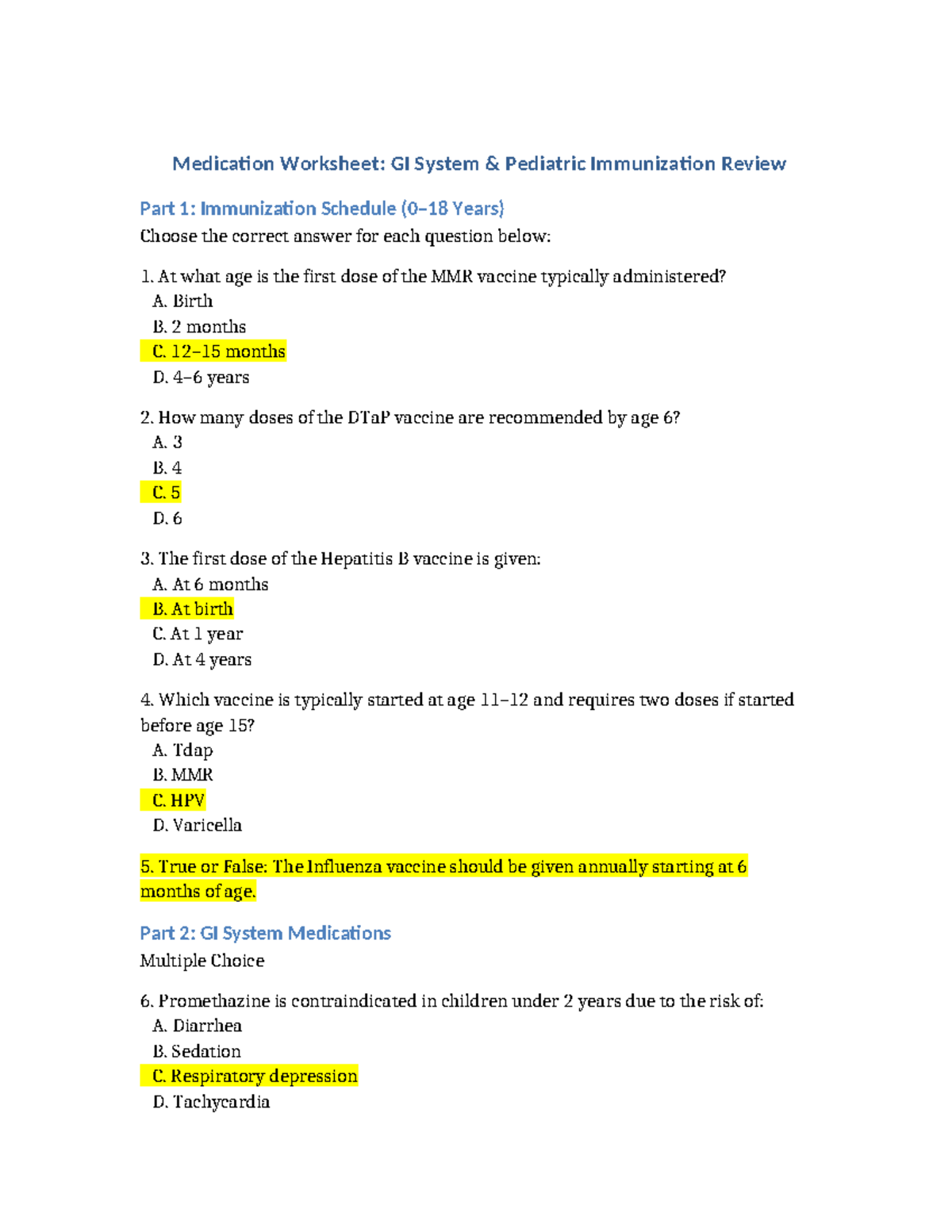 Medication Worksheet: GI System Pediatric Immunization Review (Week 3 ...