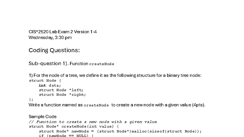 Data Structure and Algorithm CIS2520: Lab Exam 2 Solutions (Versions 1 ...