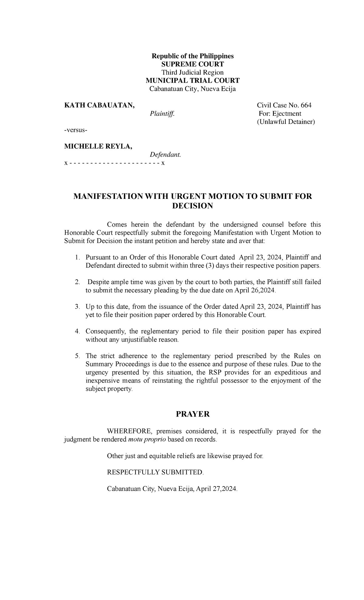 Civil Case No. 664: Manifestation with Urgent Motion for Decision - Studocu