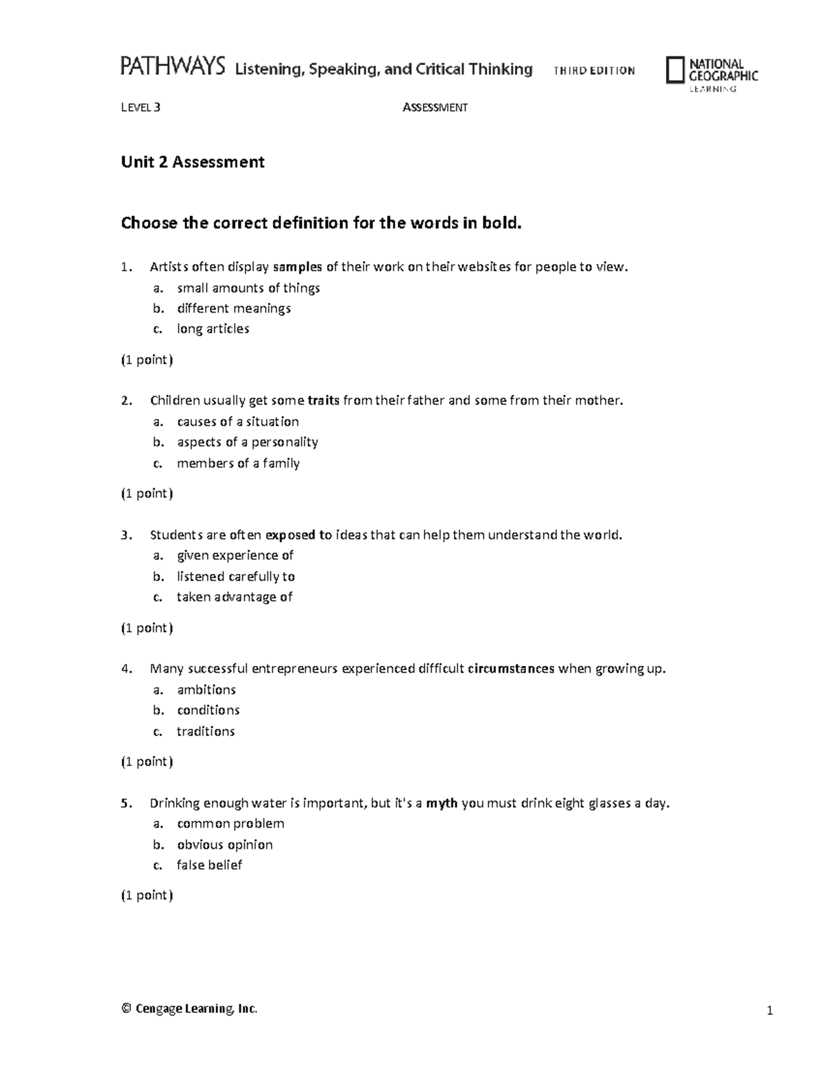 Pathways LS 3e L3 Assessment Unit 02: Vocabulary & Listening Exercises ...