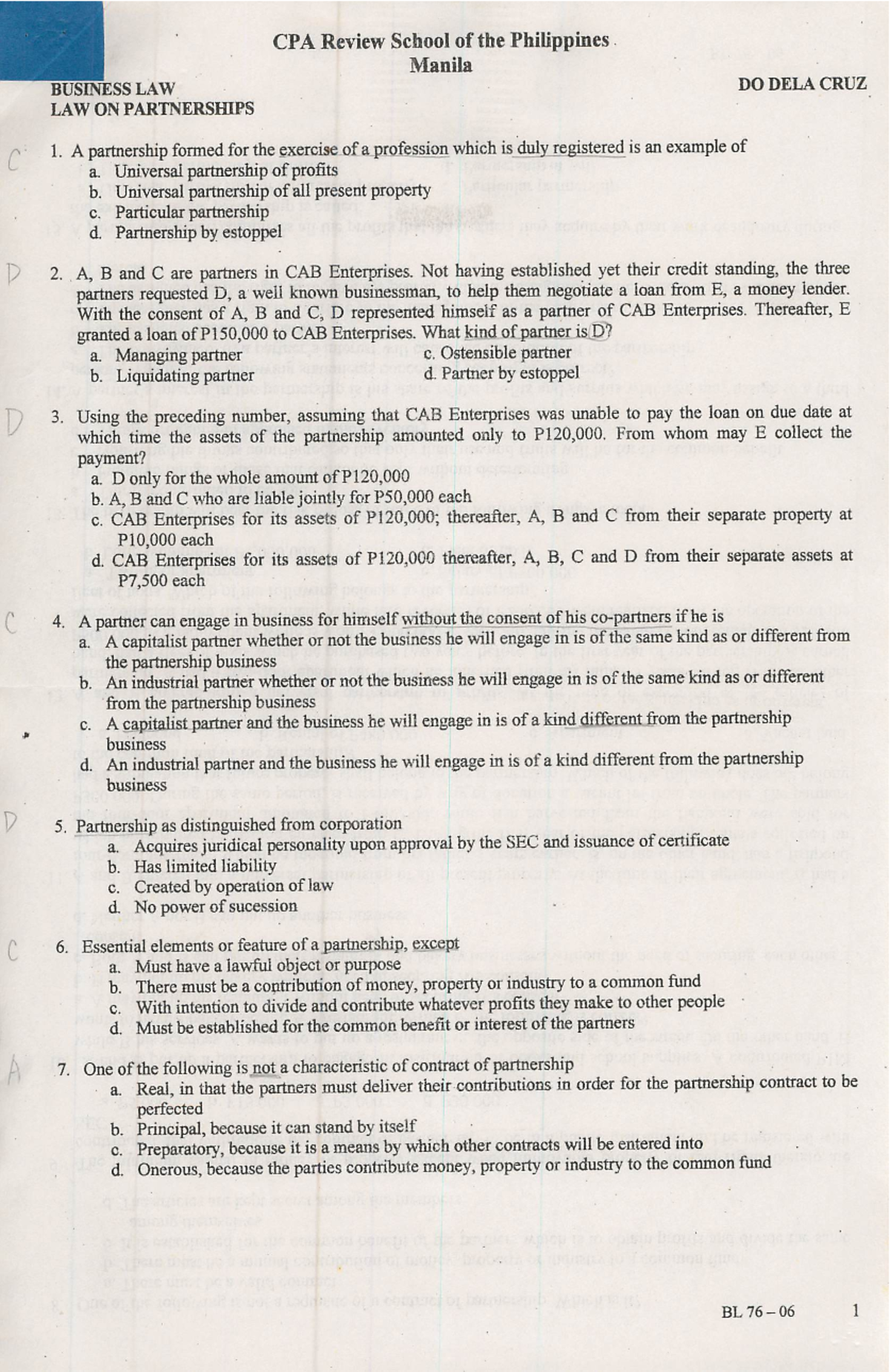 BL 76 06 Business Law: Partnerships Review Notes - Studocu