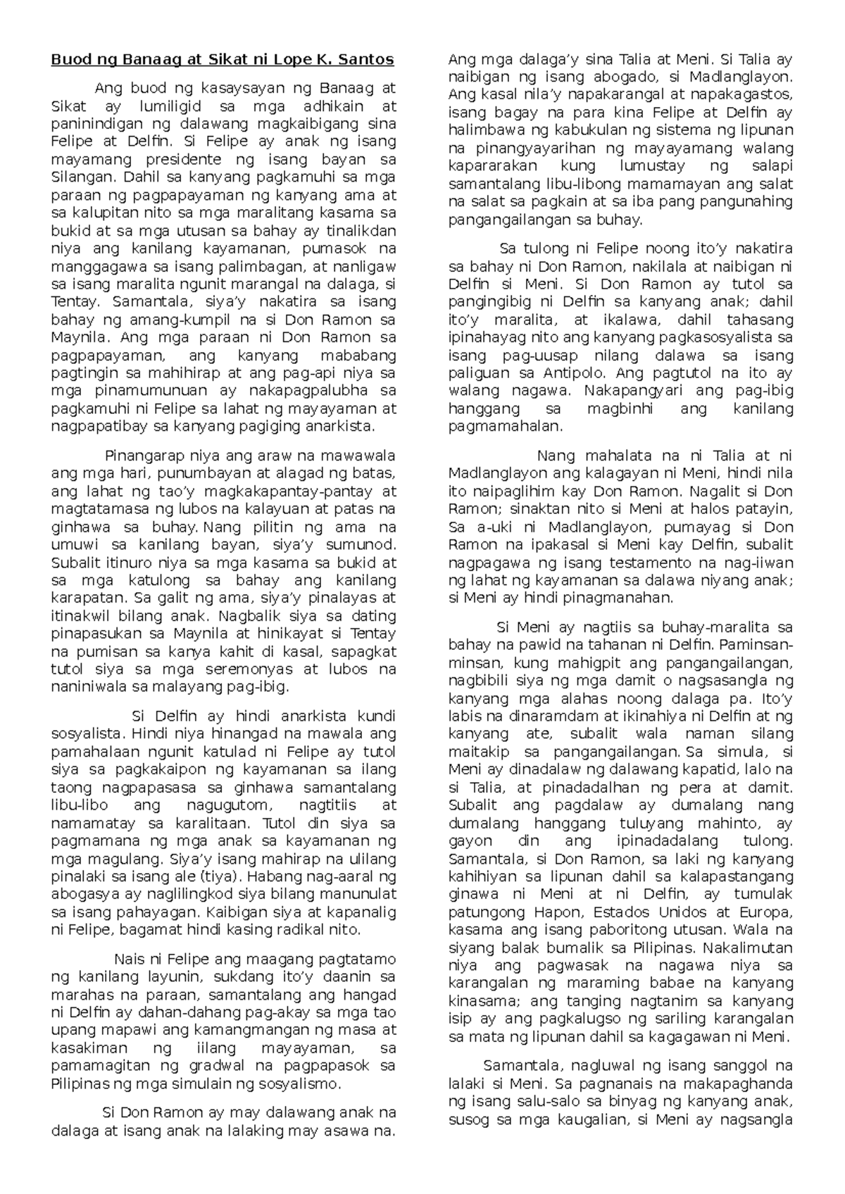 Buod ng "Banaag at Sikat" ni Lope K. Santos: Kwento ng Pag-ibig at Politika - Studocu