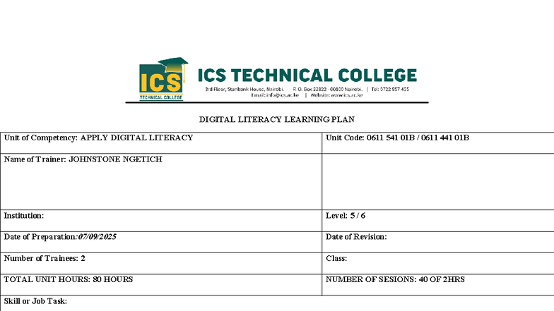 Digital Literacy Learning Plan: Unit Code 0611 541 01B & 0611 441 01B ...