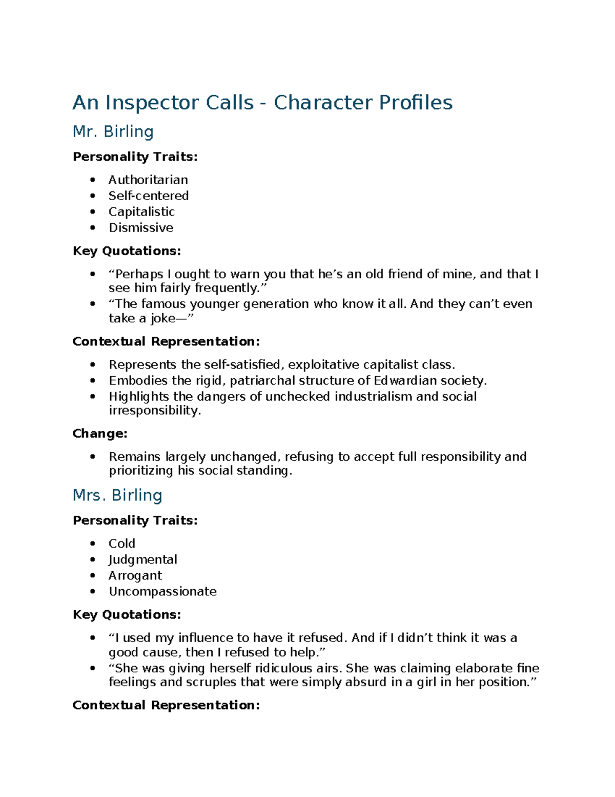 An Inspector Calls Character Profiles: Mr. & Mrs. Birling, Sheila ...