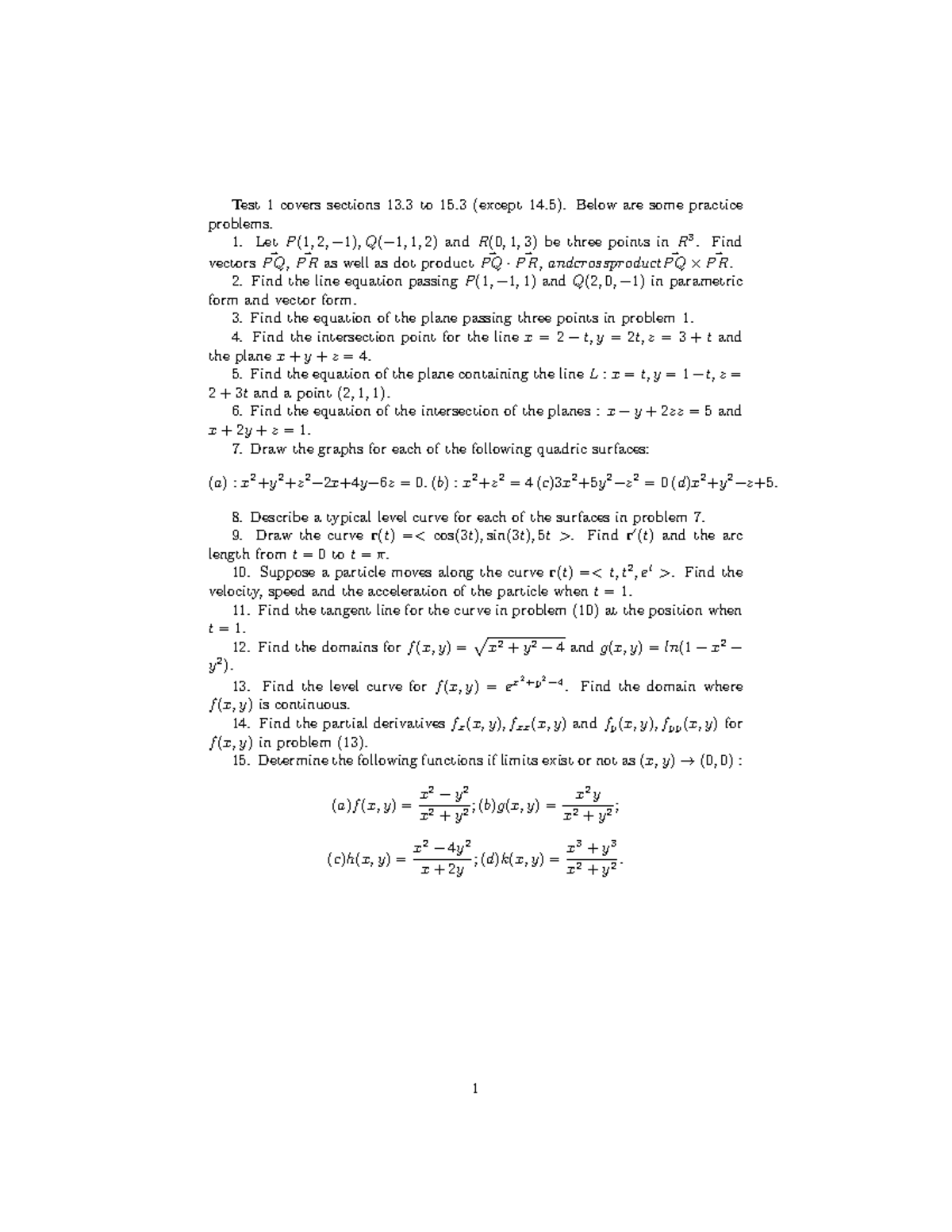 MAT 273 Exam 1 Practice Problems: Sections 13.3-15.3 - Studocu
