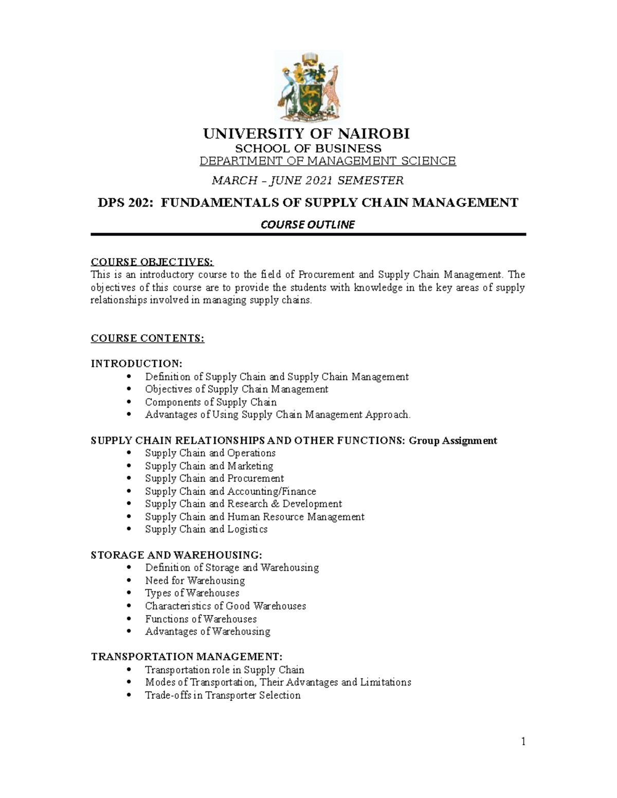 DPS 202 Fundamentals of Supply Chain Management Course Outline (2021 ...