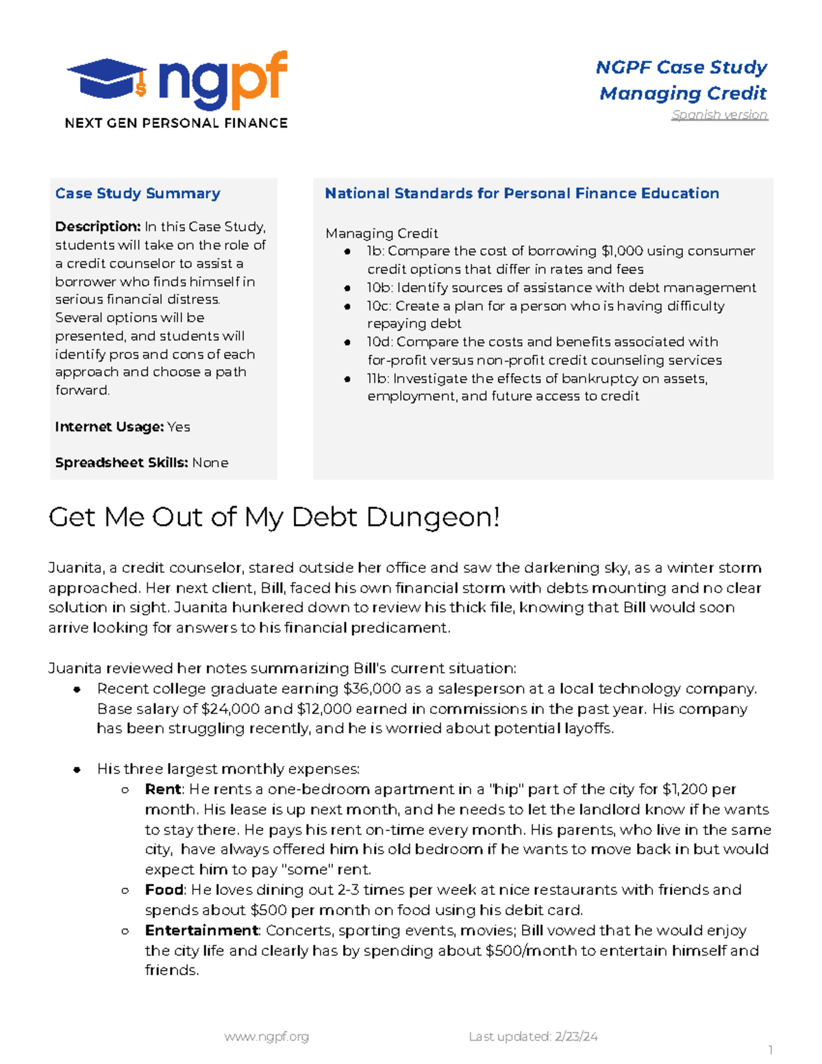 Managing Credit Case Study: Getting Bill Out of His Debt Dungeon CS ...