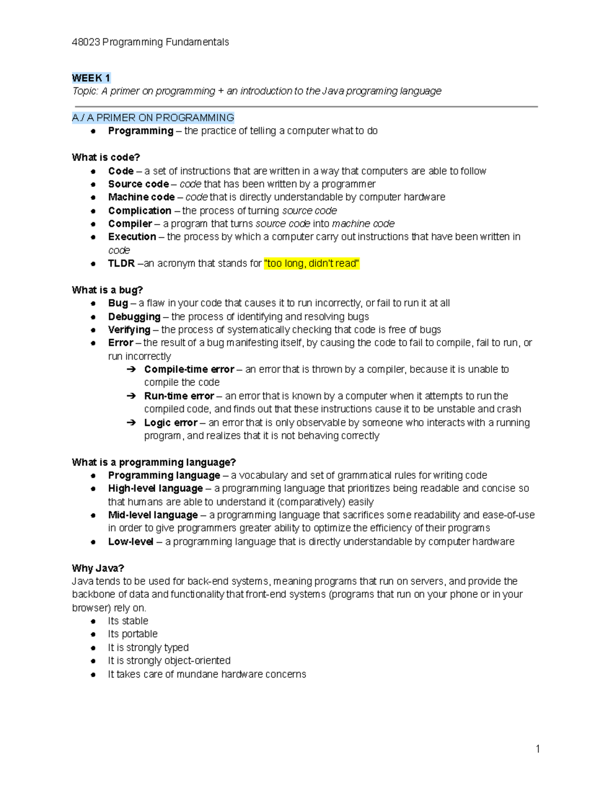 48023 Programming Fundamentals: Weekly Overview and Key Concepts - Studocu