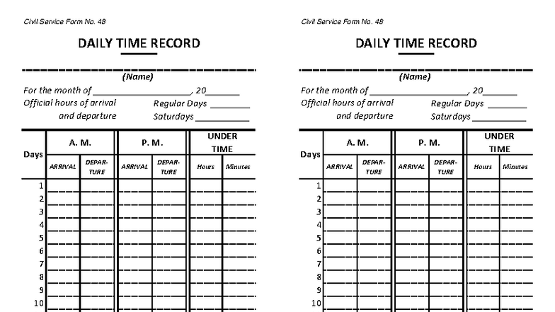 Civil Service Form No. 48 - Daily Time Record (DTR) - Studocu