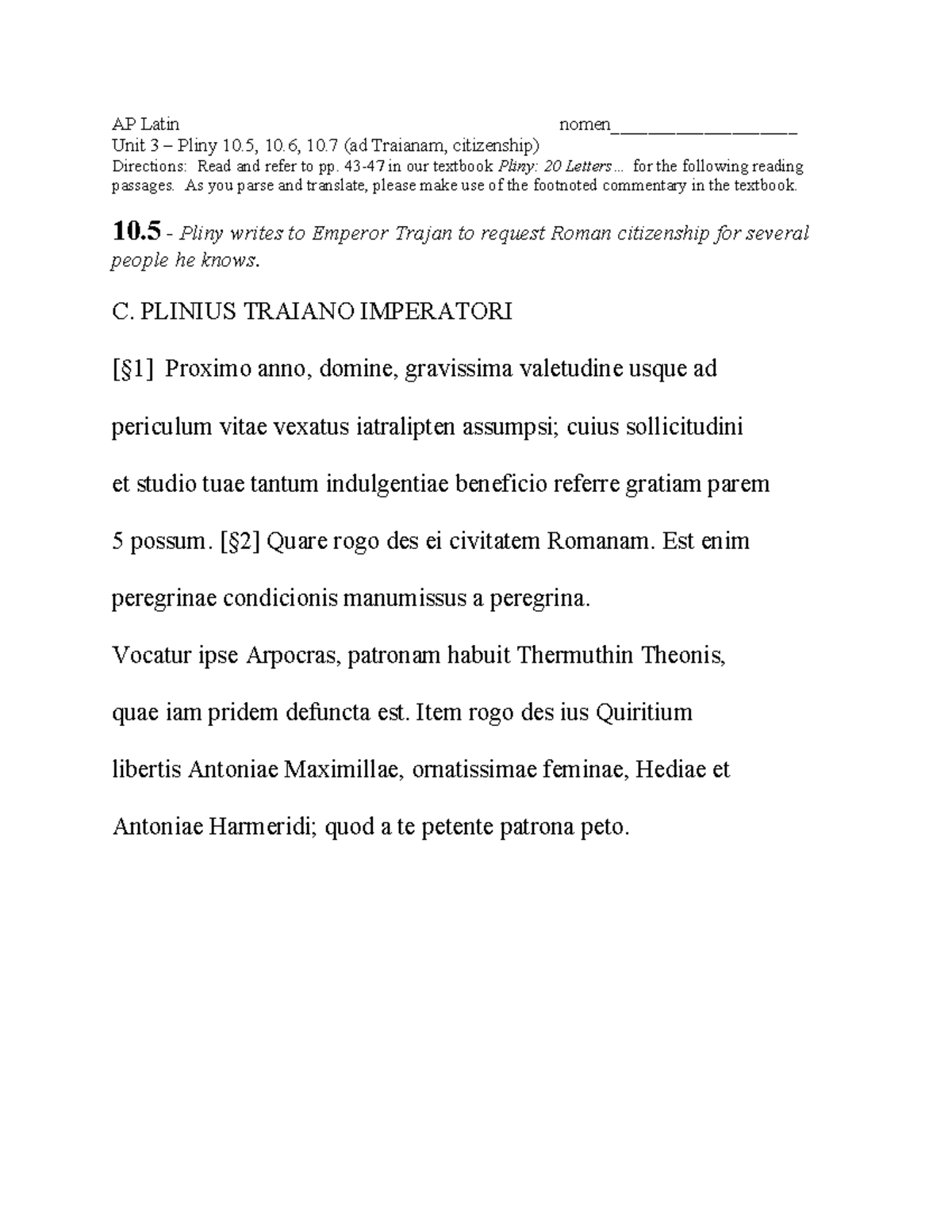 AP Latin: Unit 3 - Pliny Letters 10.5, 10.6, 10.7 Analysis - Studocu