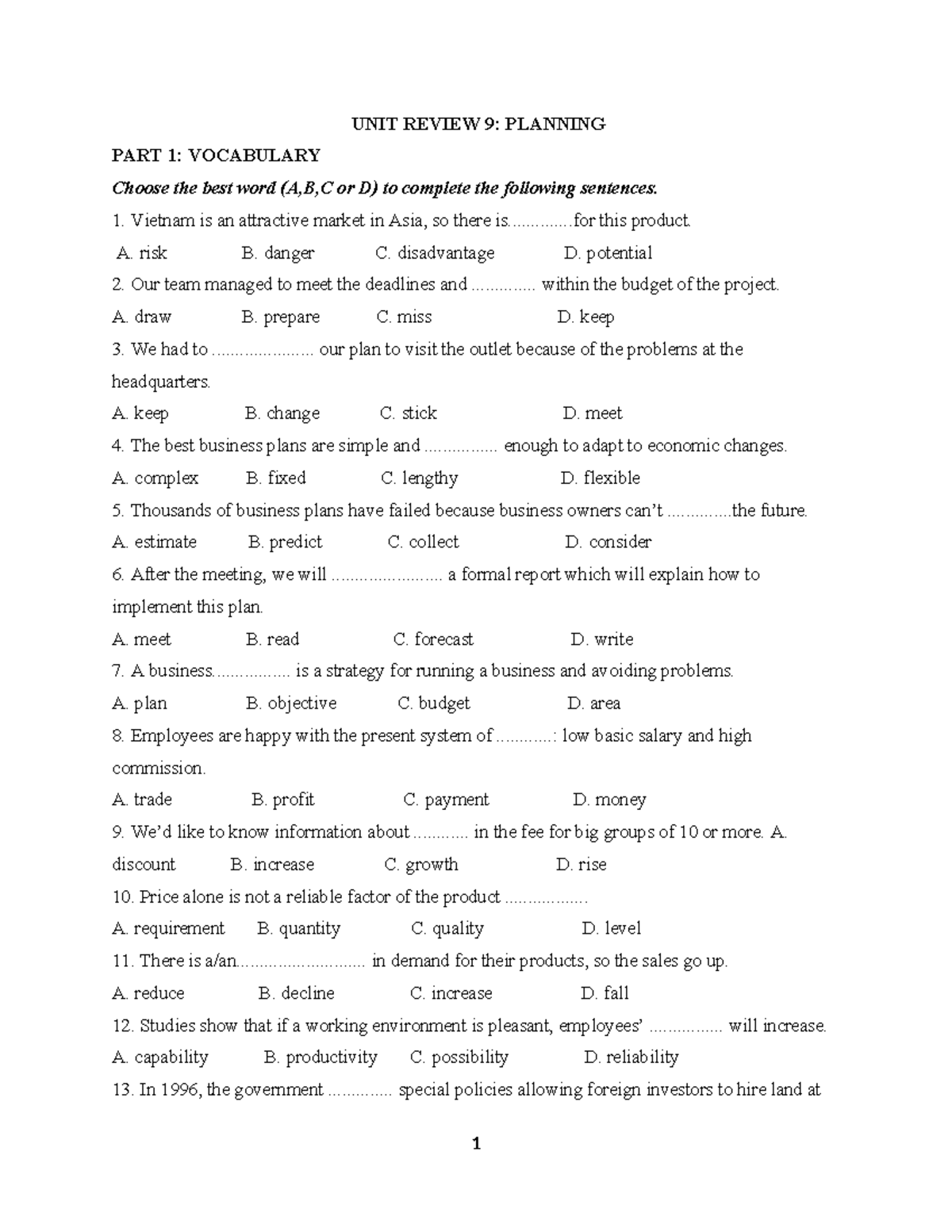 UNIT REVIEW 9-T: Vocabulary and Grammar Exercises for Business Planning ...
