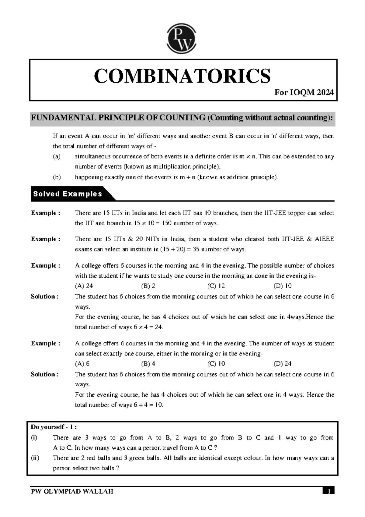 Combinatorics Fundamentals and Examples - IOQM 2024 - Studocu