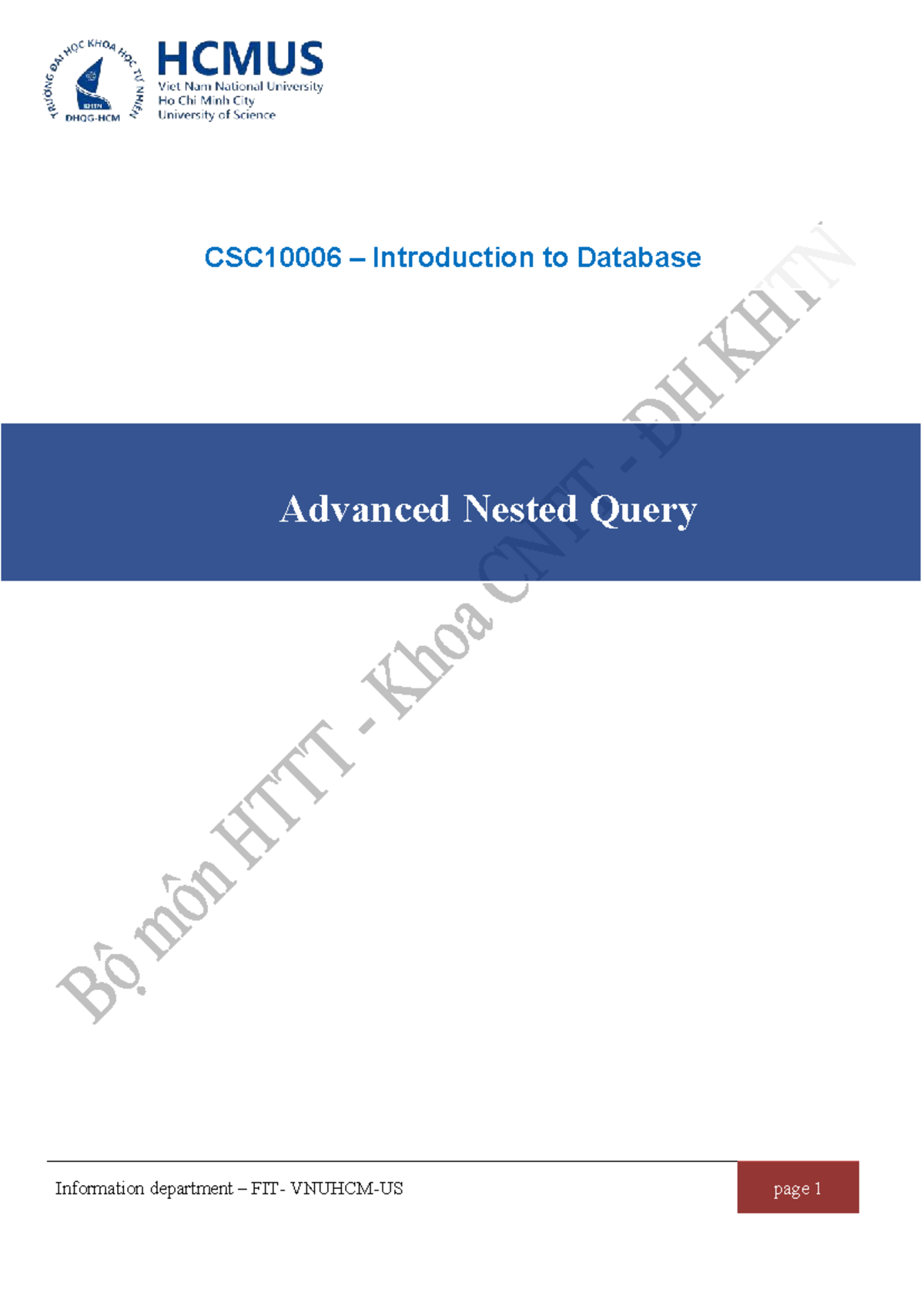 CSC10006 - Advanced Nested Queries: Techniques and Exercises - Studocu