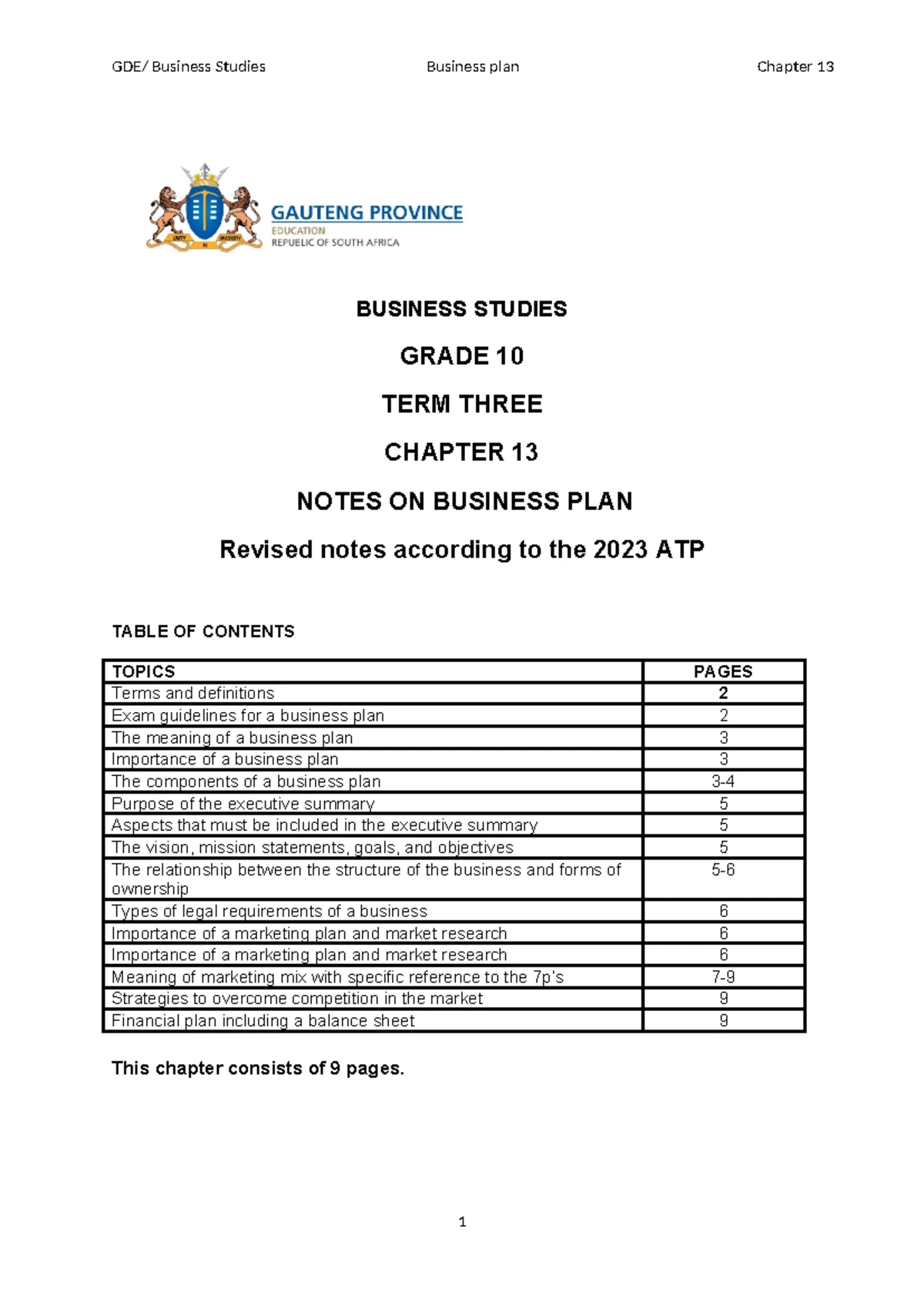 Chapter 13 Business Plan Notes - Business Studies G11 Term 3 (2024 ...