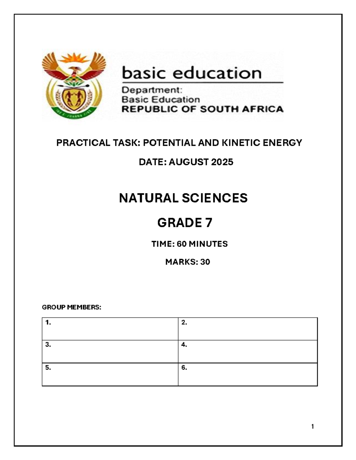 Natural Sciences Practical Task: Potential & Kinetic Energy (Grade 7 ...