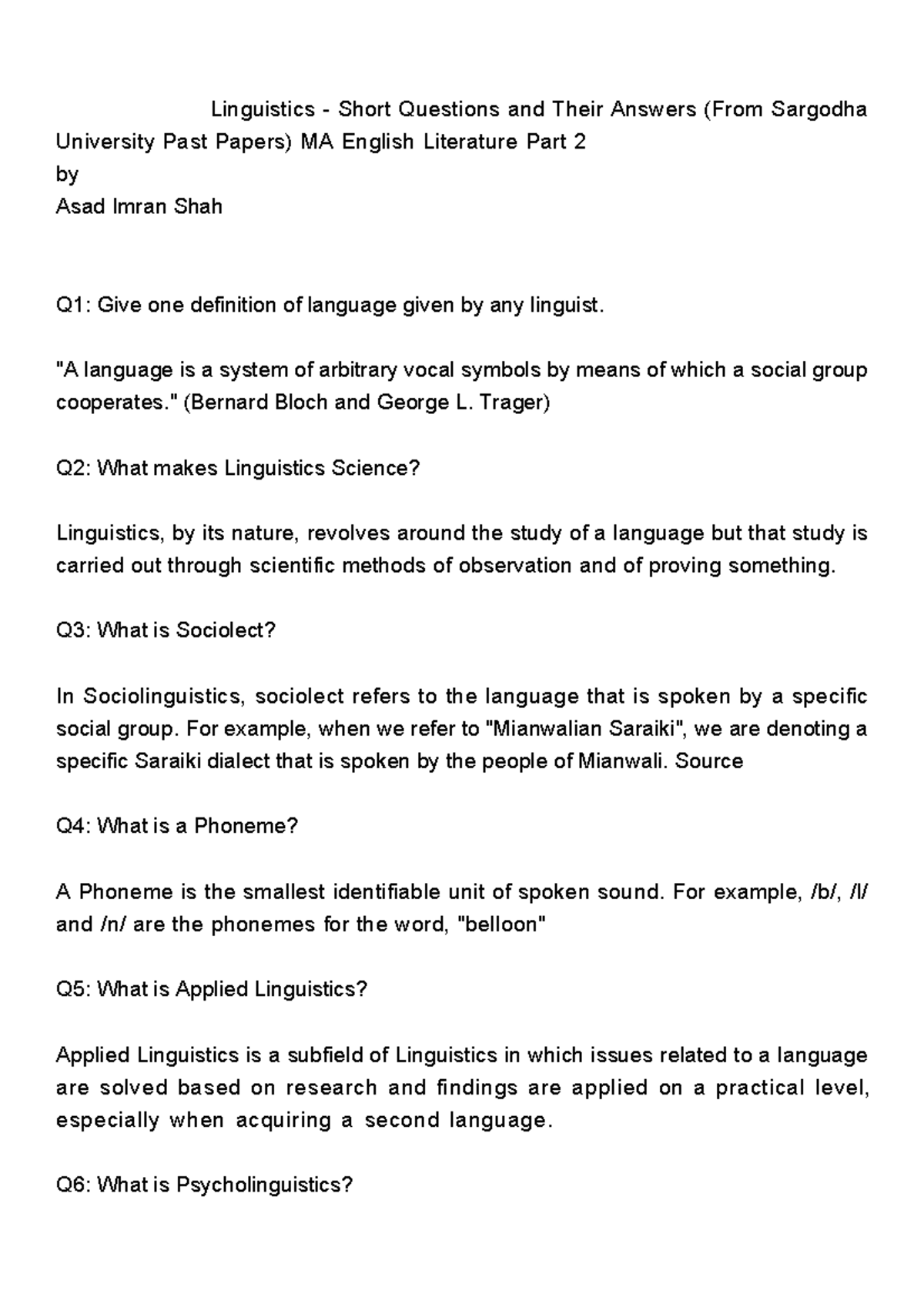 Linguistics MA English Literature Part 2: Short Questions and Answers ...